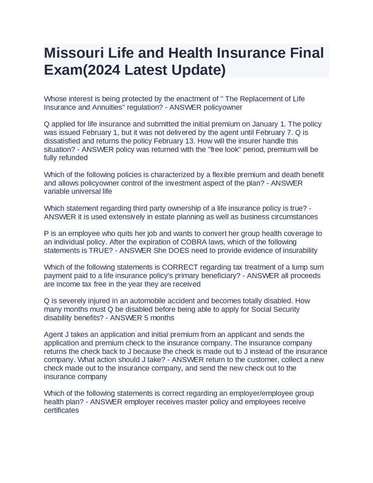 Missouri Life and Health Insurance Final Exam(2024 Latest Update ...