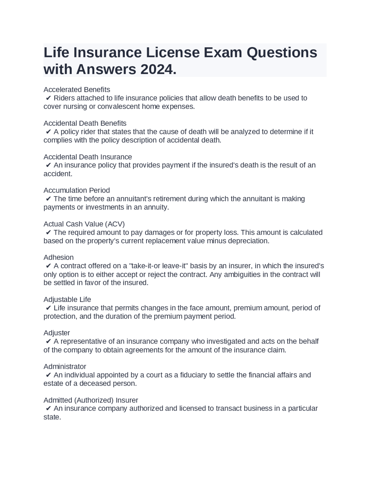 Life Insurance License Exam Questions with Answers 2024. | Exams Law ...