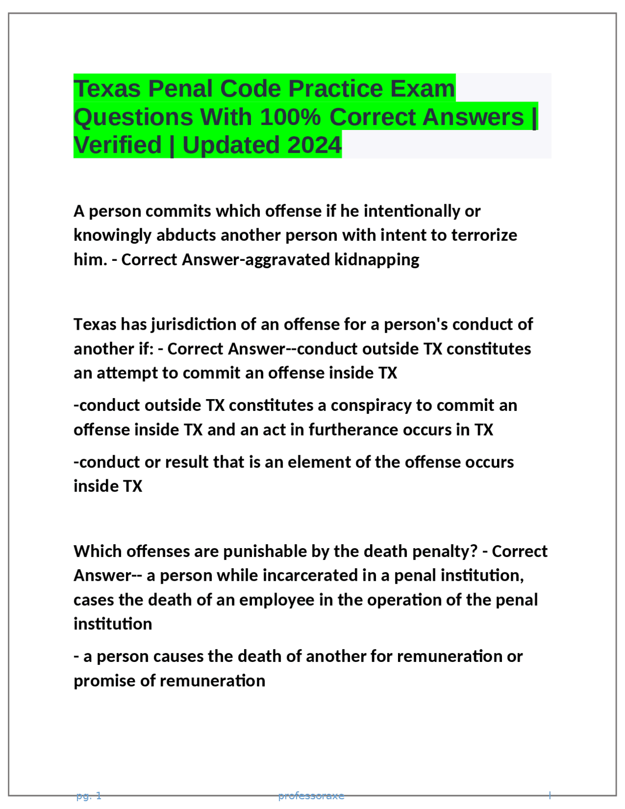 Texas Penal Code Practice Exam Questions With 100% Correct Answers ...