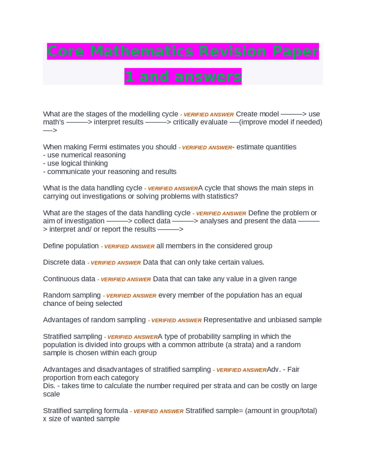 Core Mathematics Revision Paper 1 and answers | Exams Mathematics | Docsity