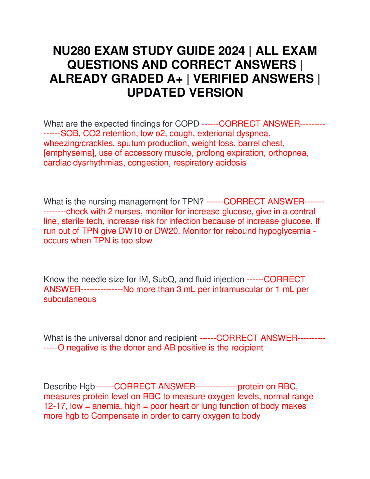 NU280 EXAM STUDY GUIDE 2024 | ALL EXAM QUESTIONS AND CORRECT ANSWERS ...