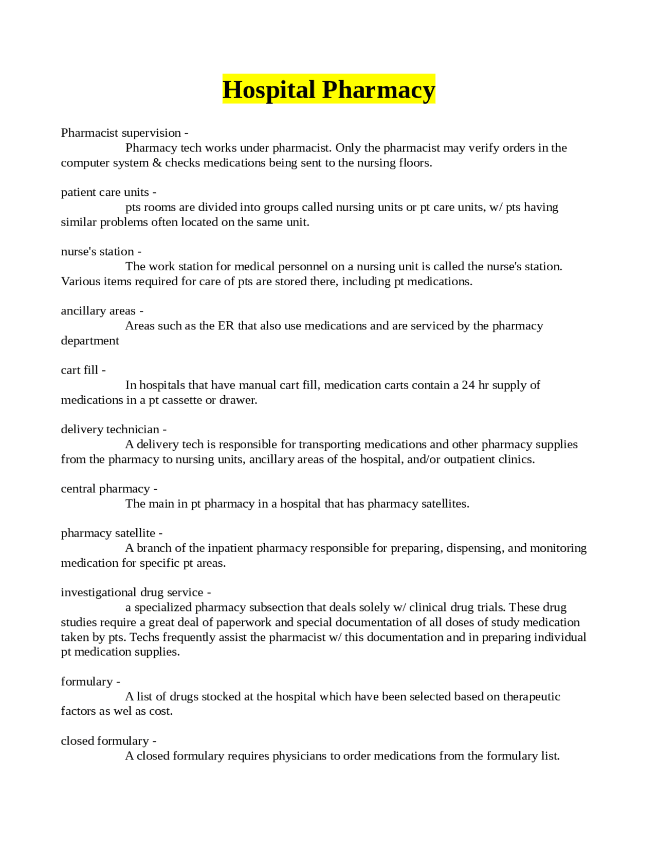 Hospital Pharmacy Hospital Pharmacy | Exams Pharmacy | Docsity