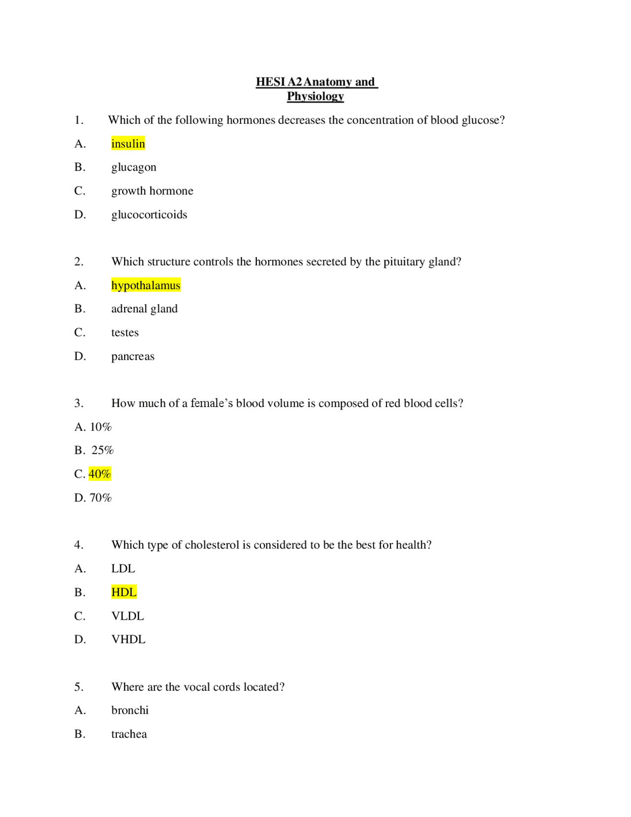 HESI A2 Anatomy and Physiology 2020-2021 | Study notes Nursing | Docsity