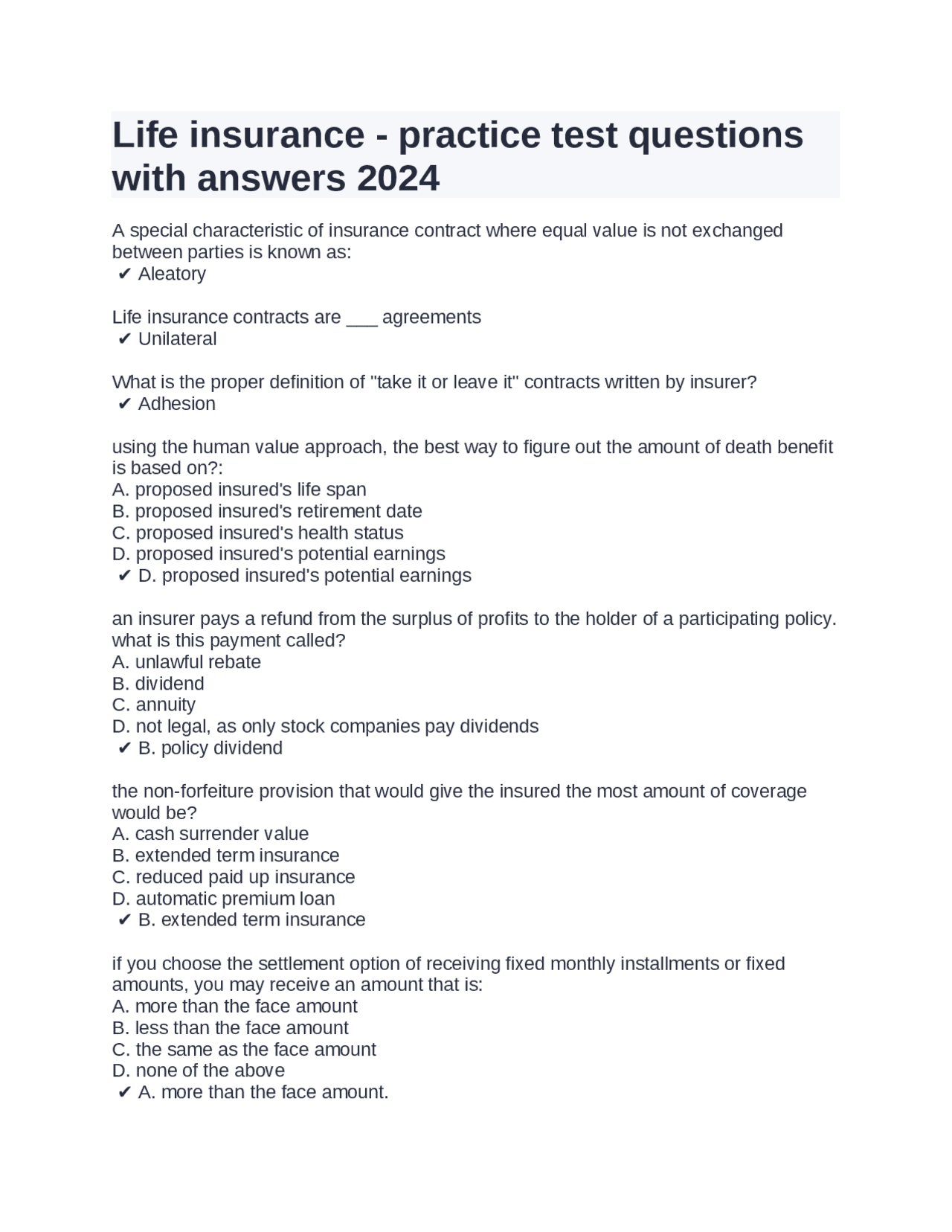 Life insurance - practice test questions with answers 2024 | Exams Law ...