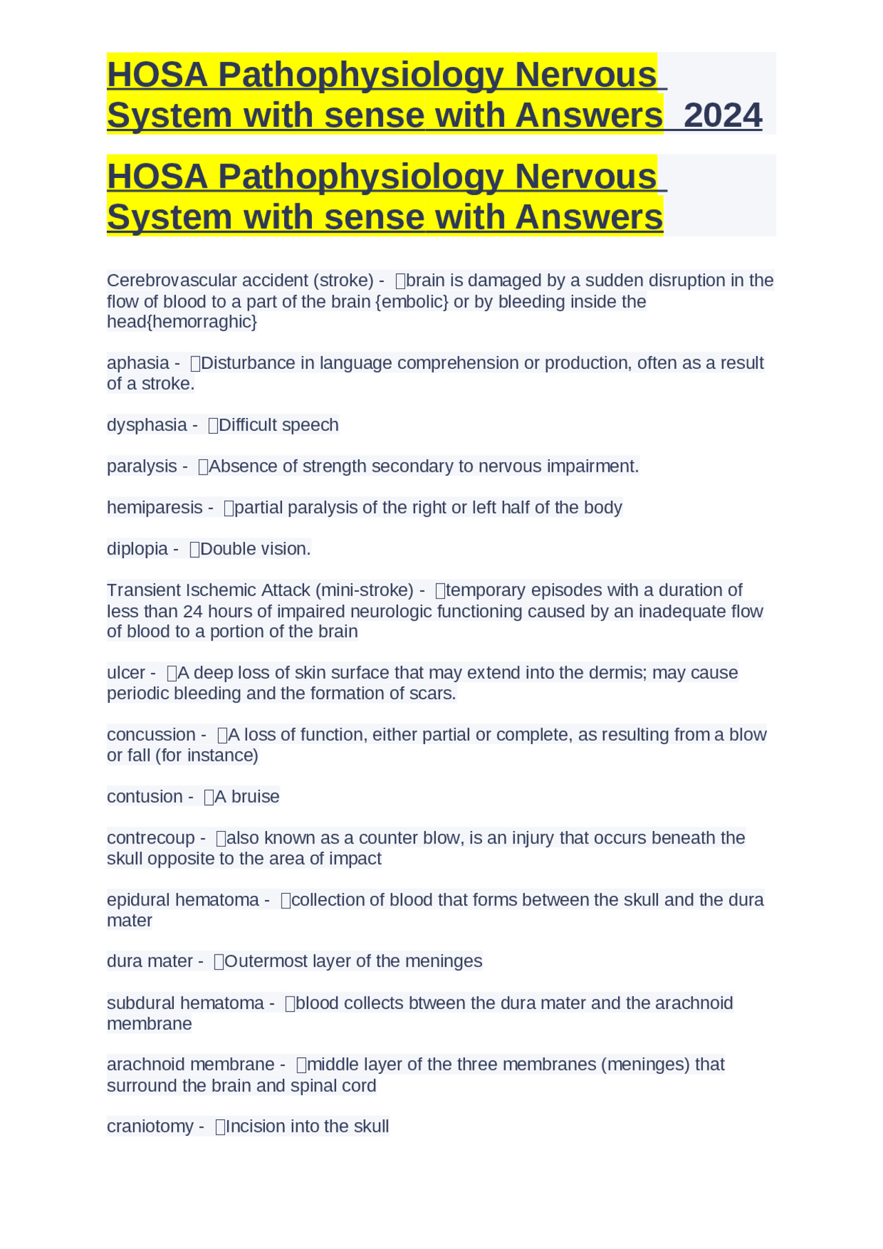 HOSA Pathophysiology Nervous System with sense with Answers | Exams ...