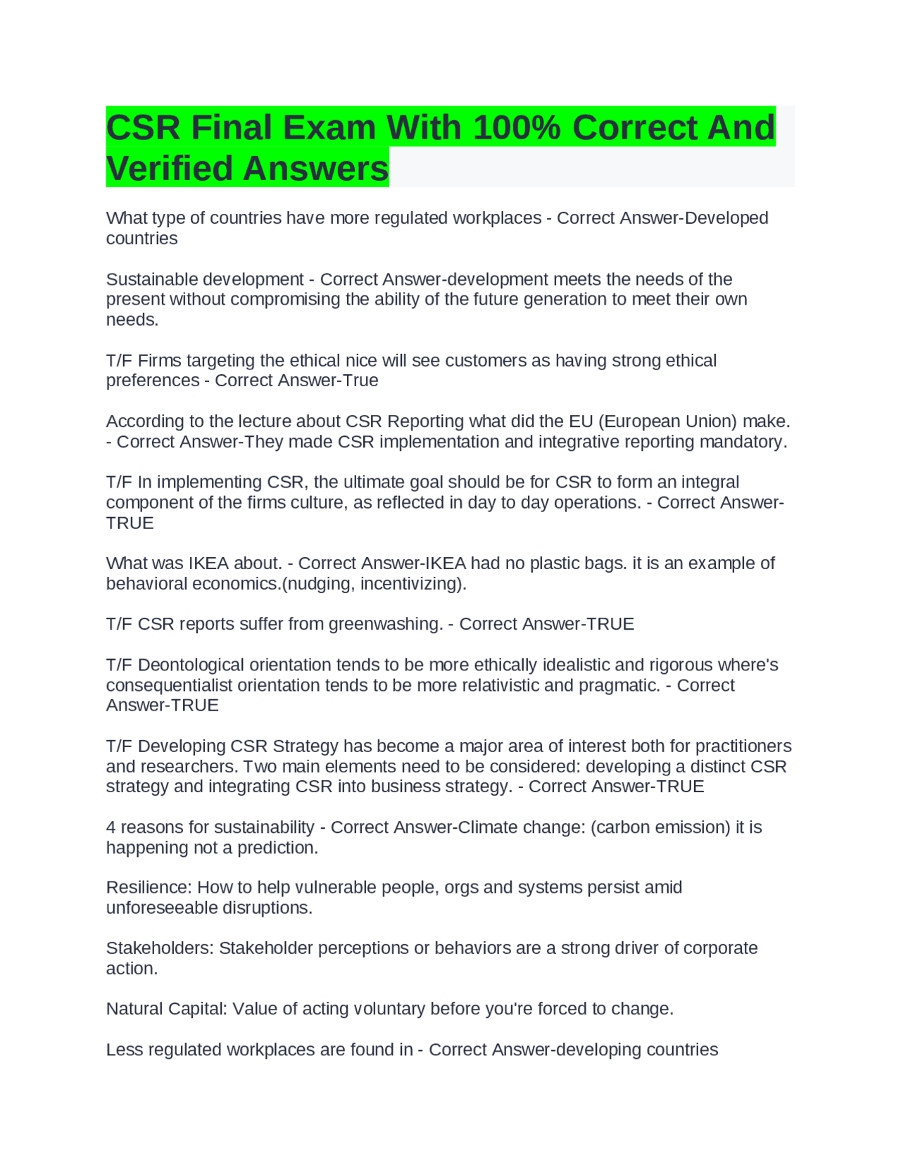 CSR Final Exam With 100% Correct And Verified Answers | Exams Advanced ...