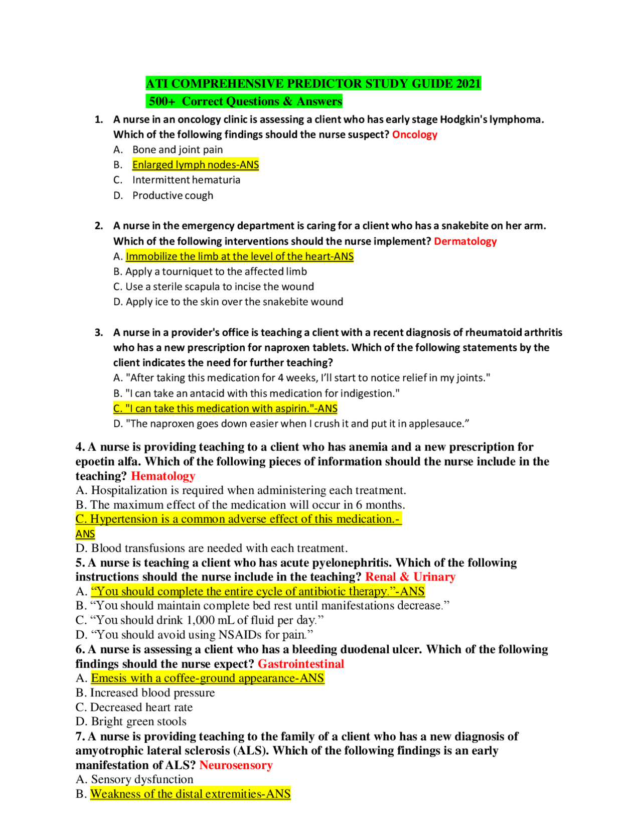 ATI COMPREHENSIVE PREDICTOR STUDY GUIDE 2021-500+ Correct Questions ...