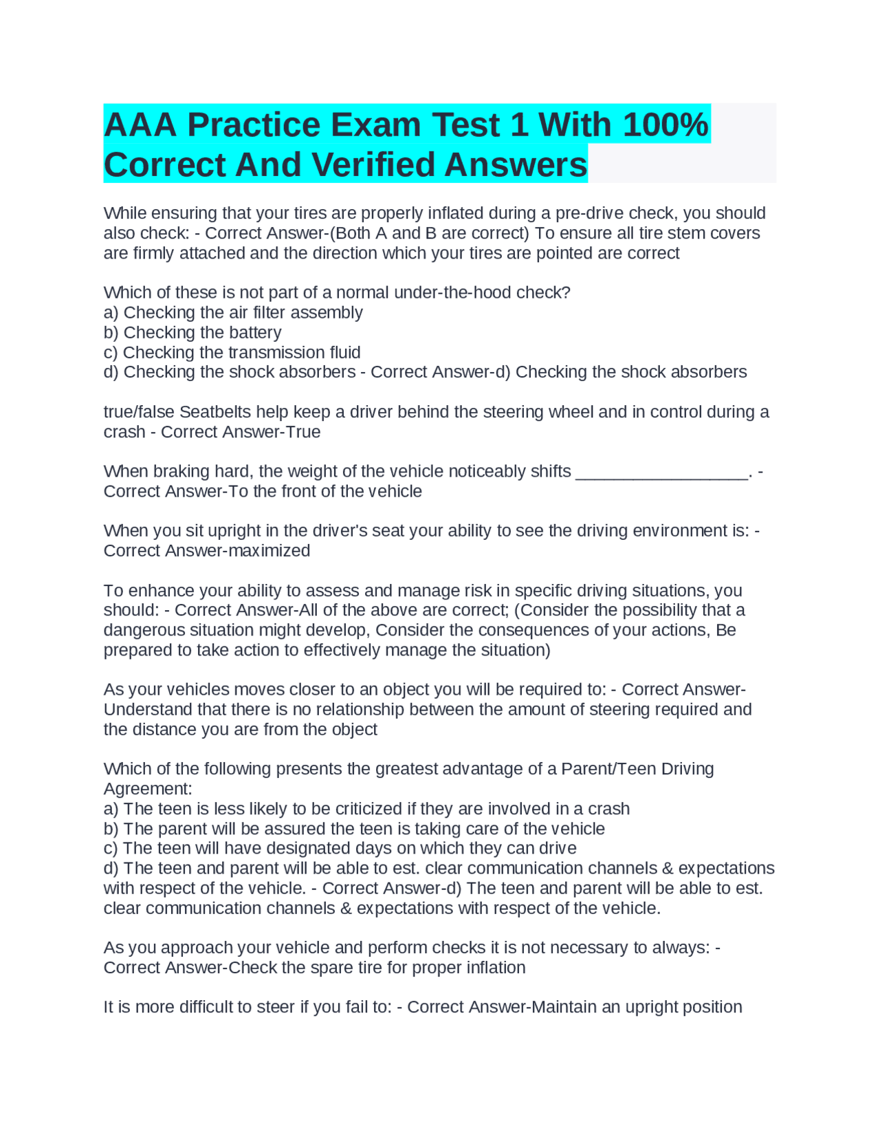 AAA Practice Exam Test 1 With 100% Correct And Verified Answers | Exams ...