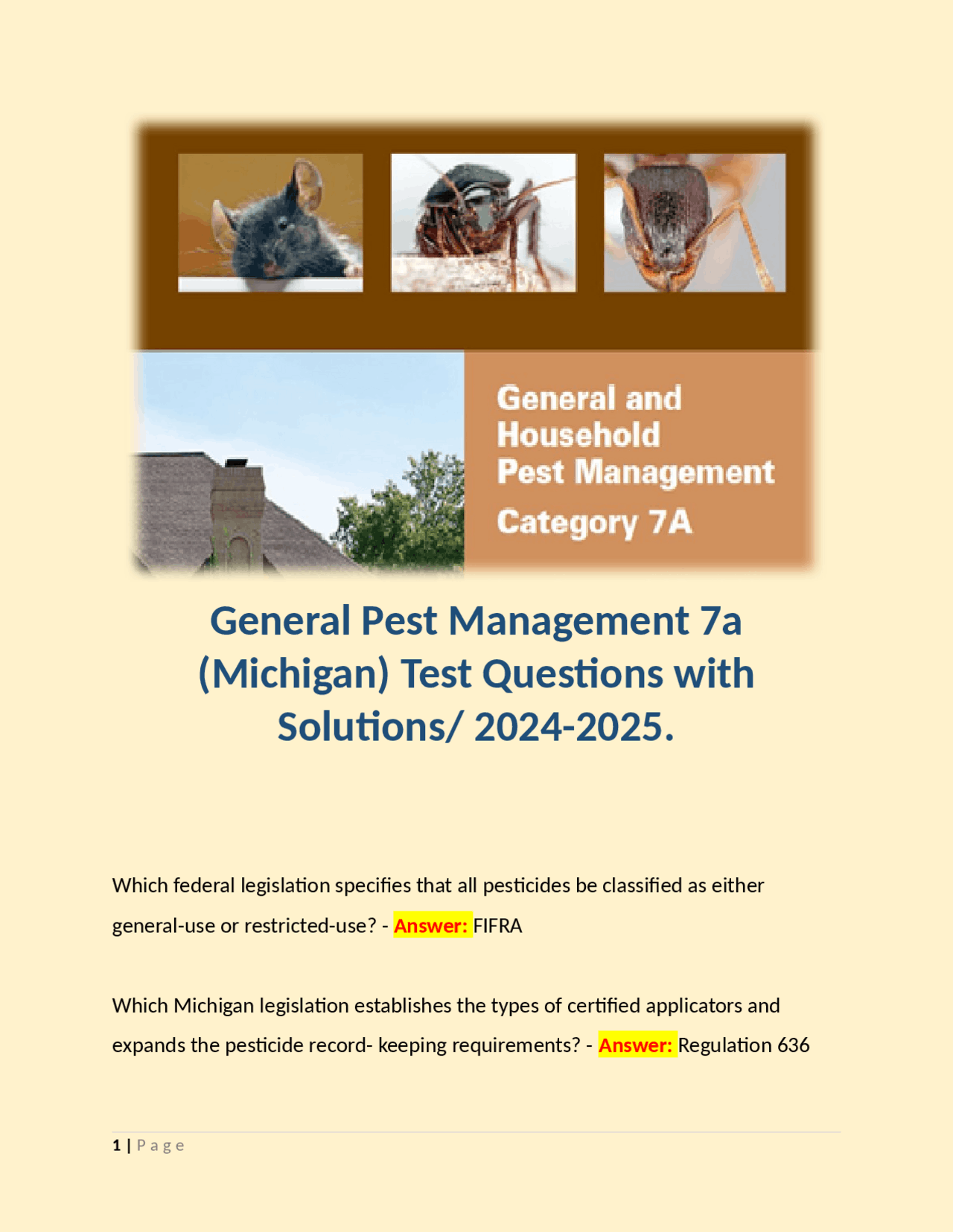 General Pest Management 7a (Michigan) Test Questions with Solutions ...