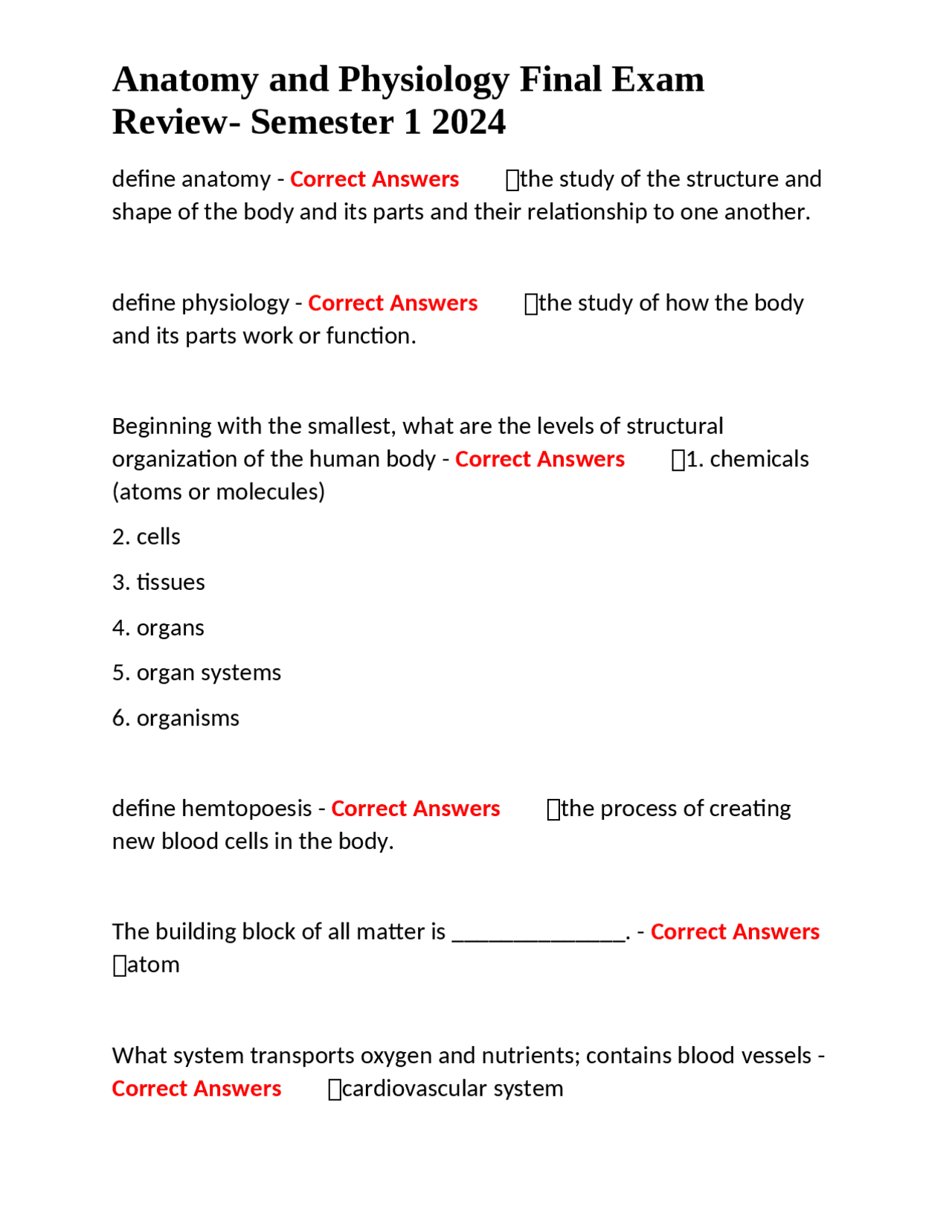 Anatomy and Physiology Final Exam Review- Semester 1 2024 | Exams Nursing | Docsity