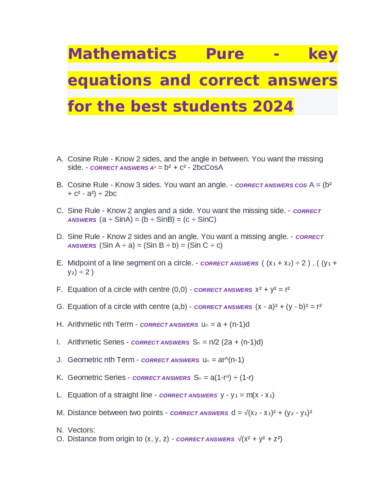 Mathematics Pure - key equations and correct answers for the best ...
