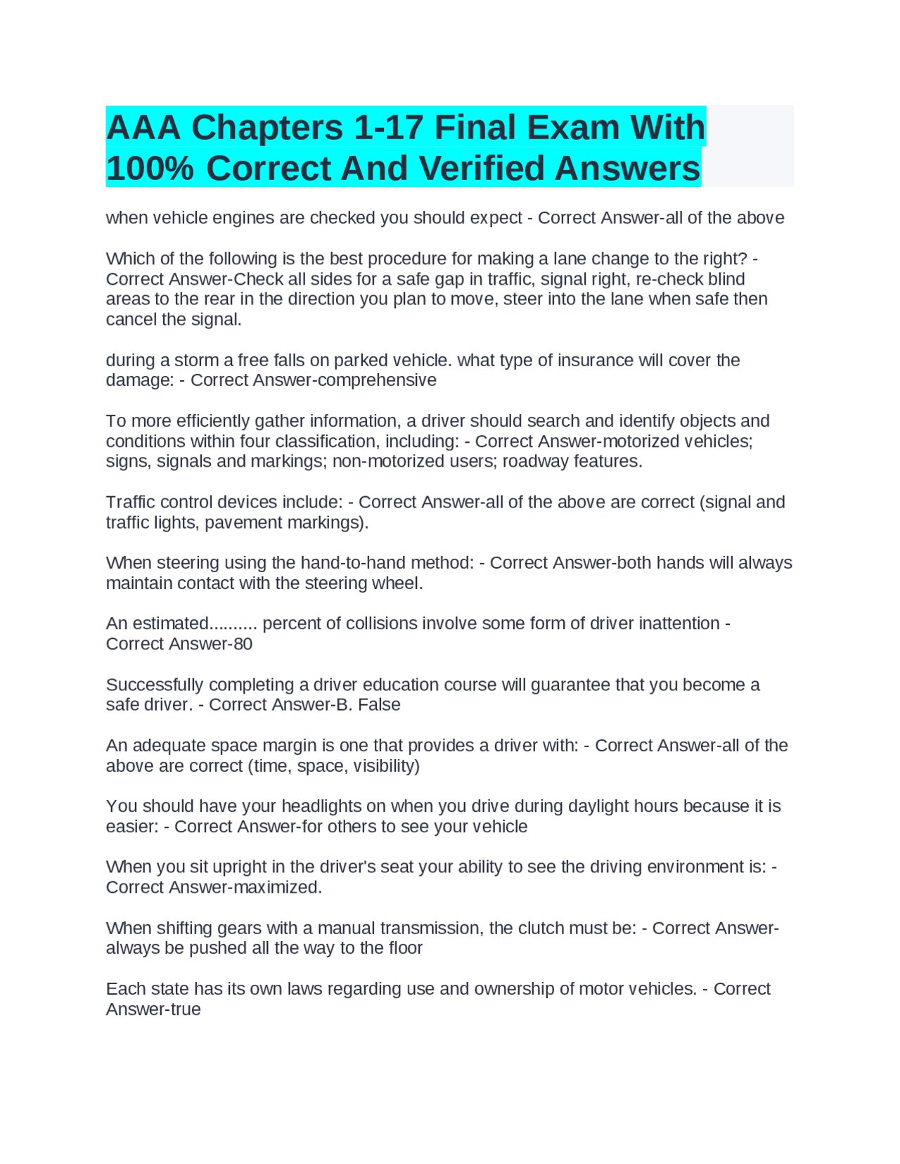 AAA Chapters 1-17 Final Exam With 100% Correct And Verified Answers ...