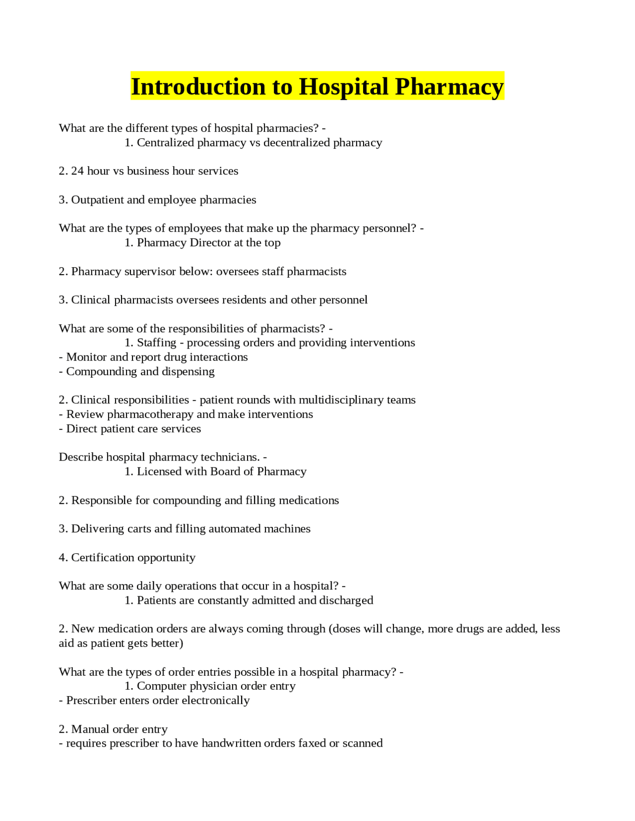 Introduction to Hospital Pharmacy | Exams Pharmacy | Docsity