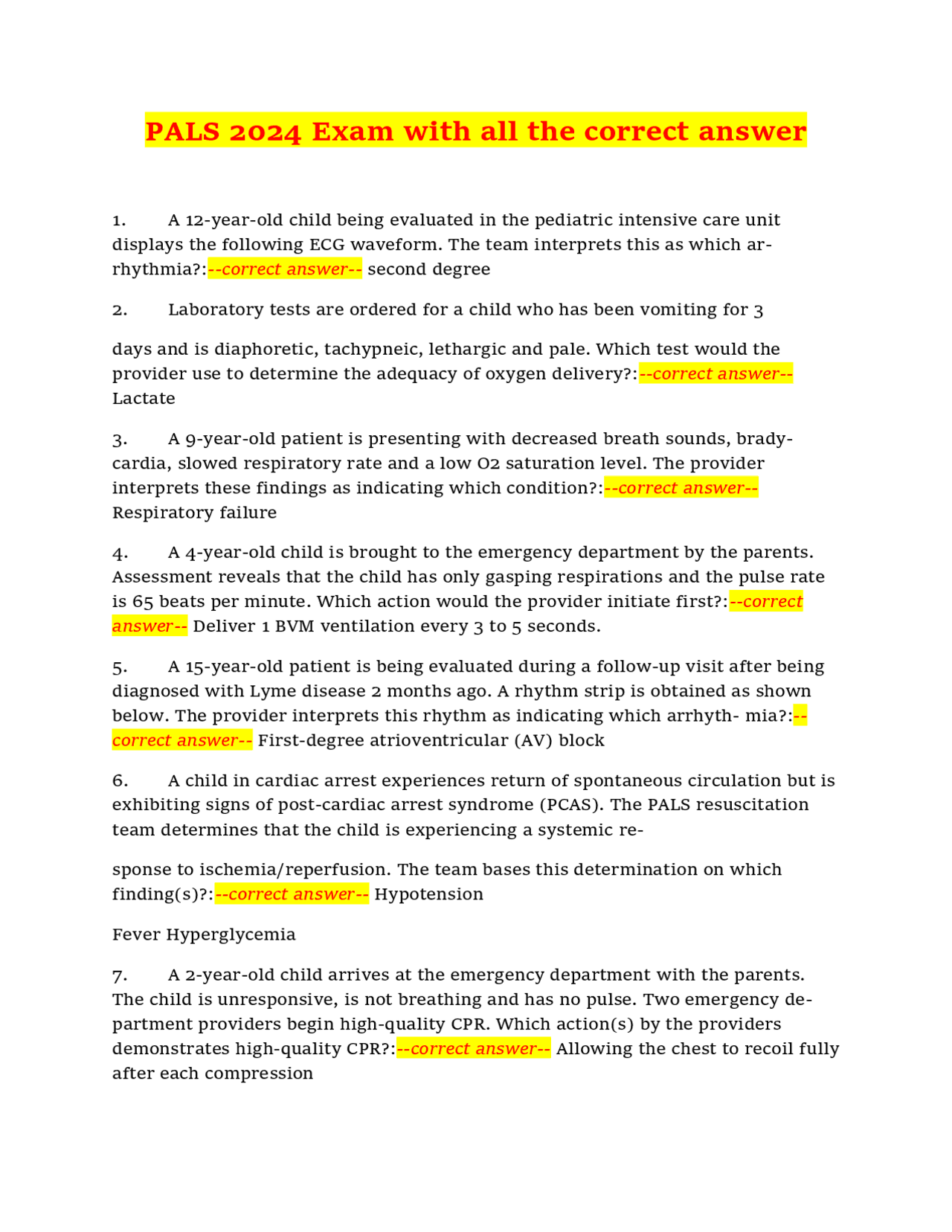 PALS 2024 Exam with all the correct answer | Exams Nursing | Docsity