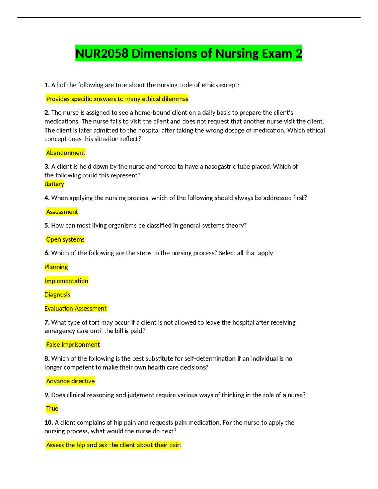 NUR2058 Dimensions of Nursing Exam 2 | Exams Nursing | Docsity