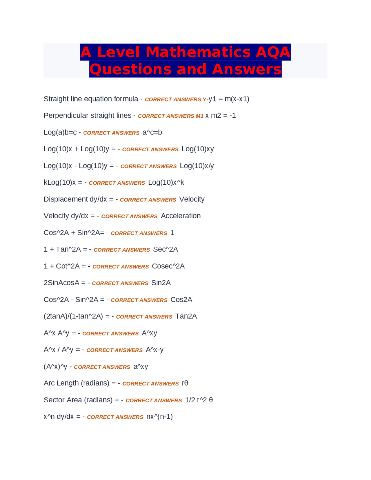 A Level Mathematics AQA Questions and Answers | Exams Mathematics | Docsity