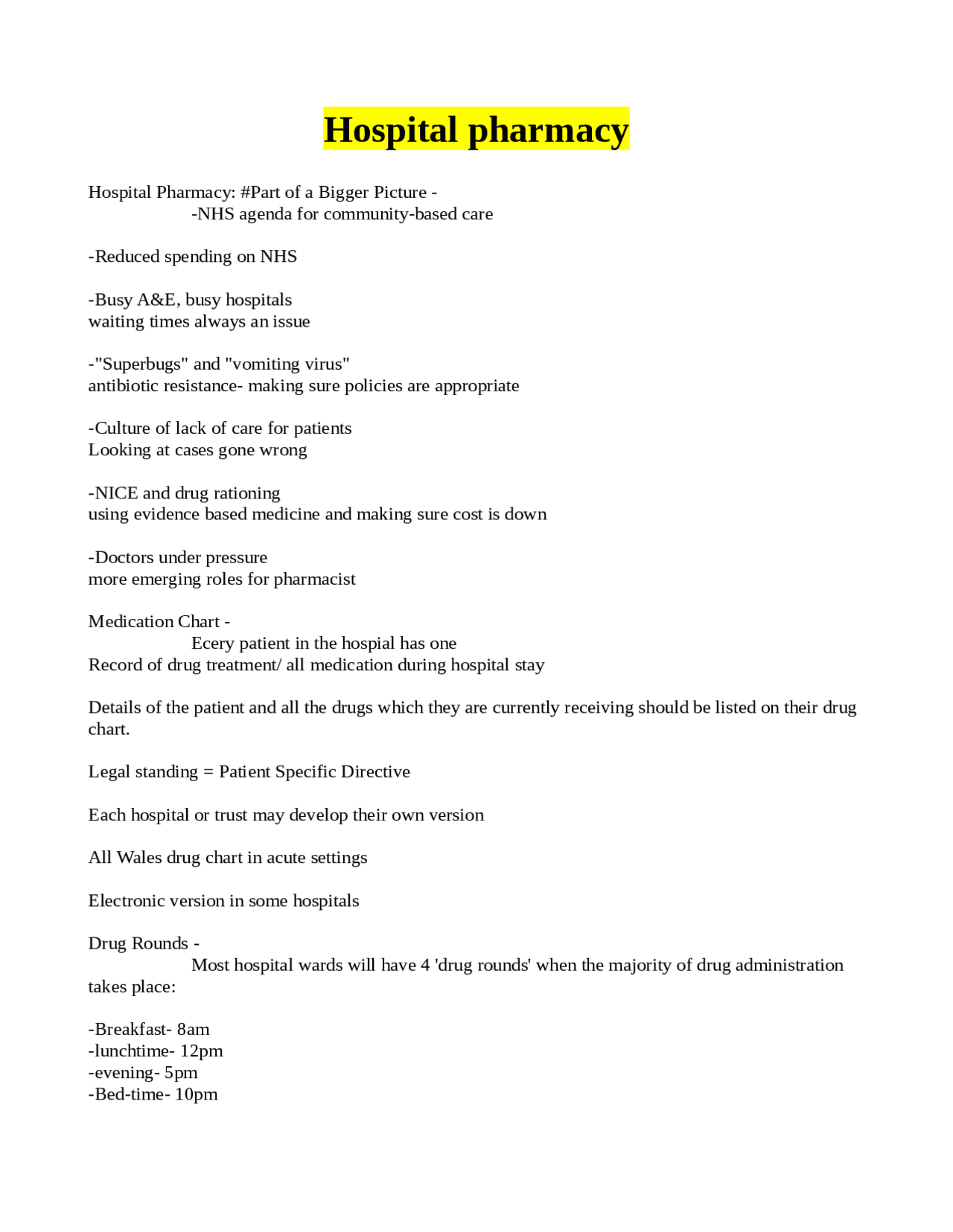 Hospital pharmacy Hospital pharmacy | Exams Pharmacy | Docsity