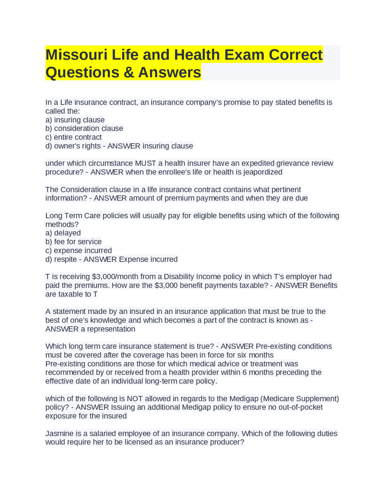 Missouri Life and Health Exam Correct Questions & Answers | Exams ...