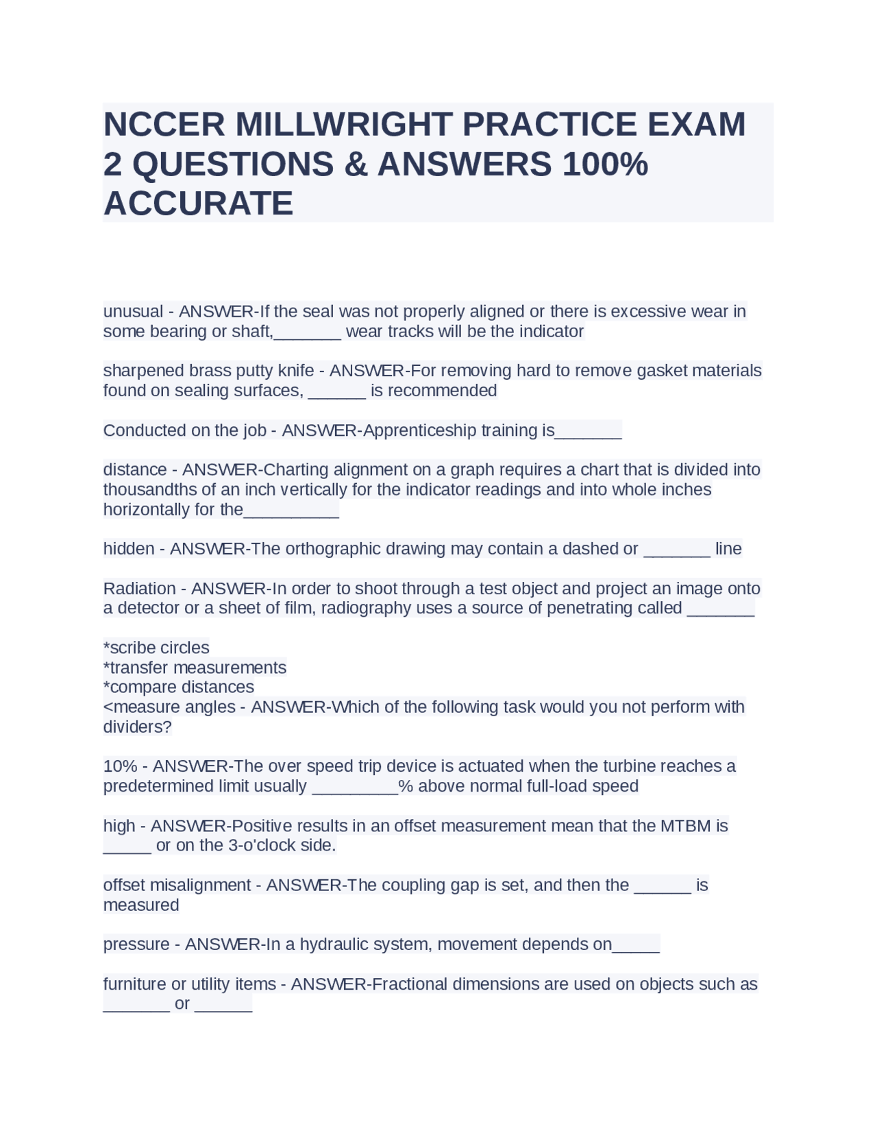 NCCER MILLWRIGHT PRACTICE EXAM 2 QUESTIONS & ANSWERS 100% ACCURATE ...