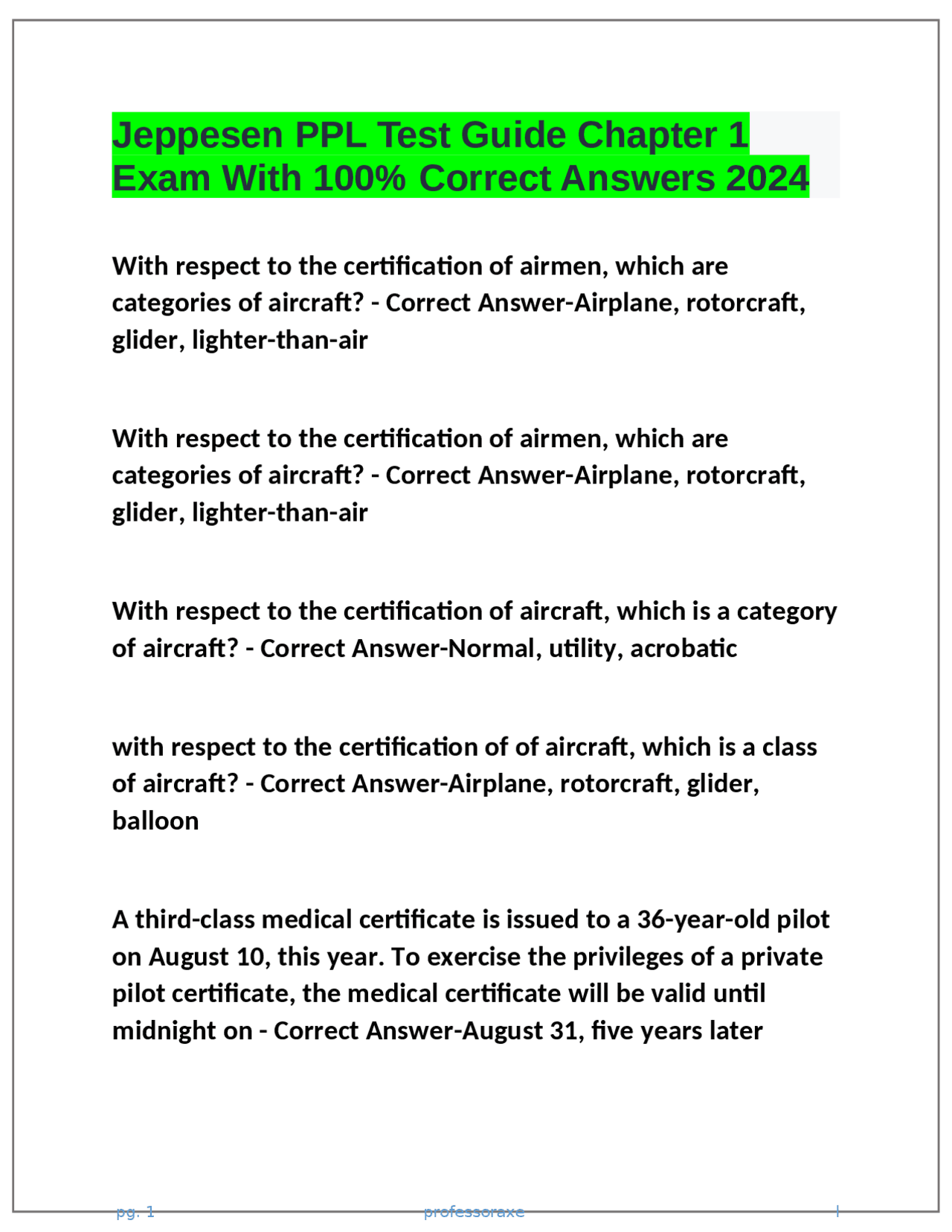 Jeppesen PPL Test Guide Chapter 1 Exam With 100% Correct Answers 2024 ...
