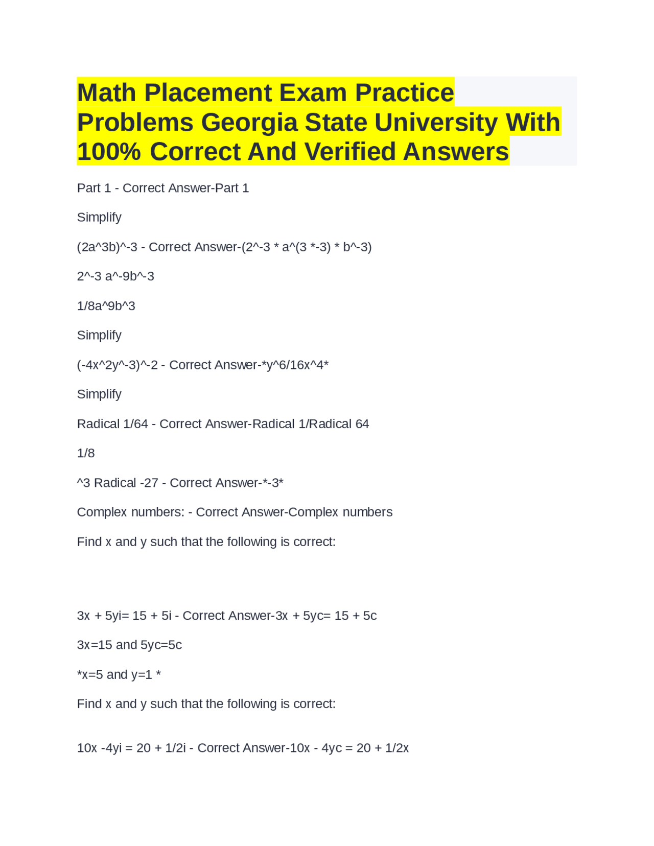 Math Placement Exam Practice Problems Georgia State University With 100 ...