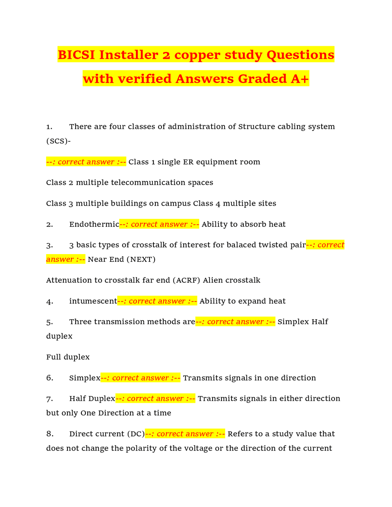 BICSI Installer 2 copper study Questions with verified Answers Graded A+ | Exams Nursing | Docsity