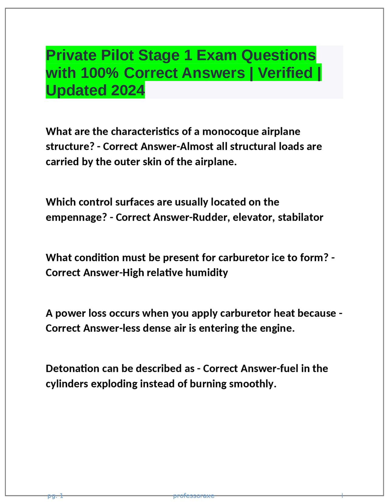 Private Pilot Stage 1 Exam Questions with 100% Correct Answers | Verified | Updated 2024 | Exams ...