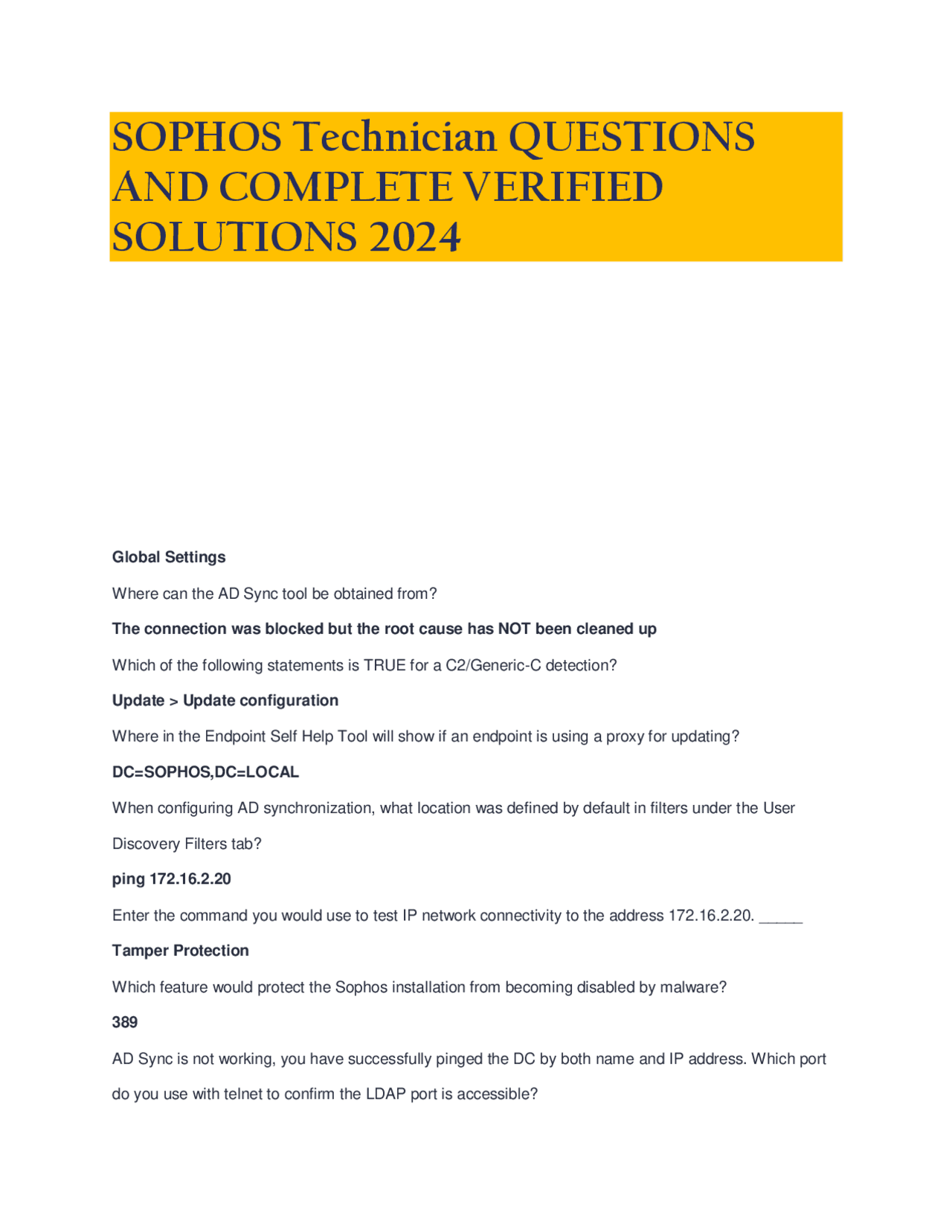 SOPHOS Technician QUESTIONS AND COMPLETE VERIFIED SOLUTIONS 2024 ...