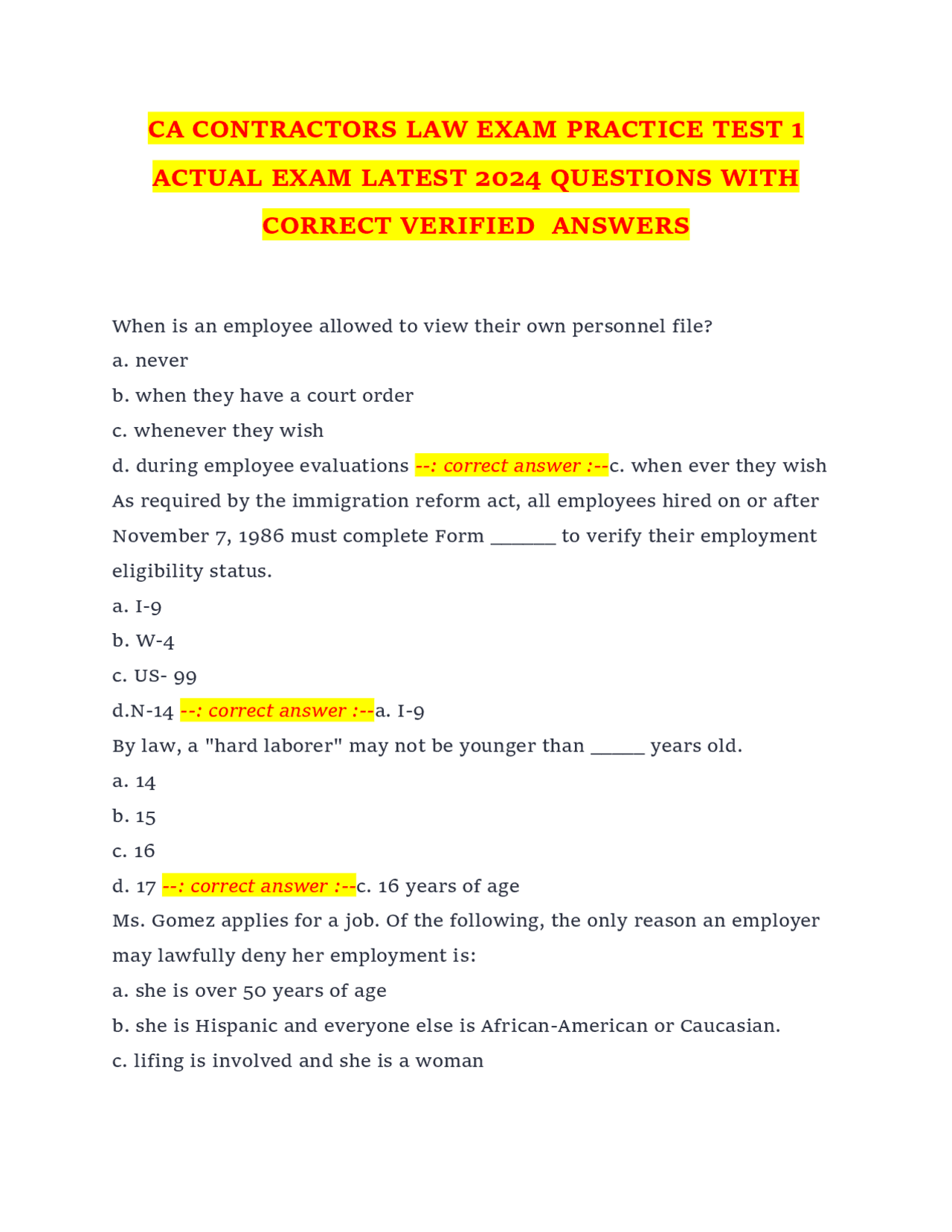 CA CONTRACTORS LAW EXAM PRACTICE TEST 1 ACTUAL EXAM LATEST 2024 ...