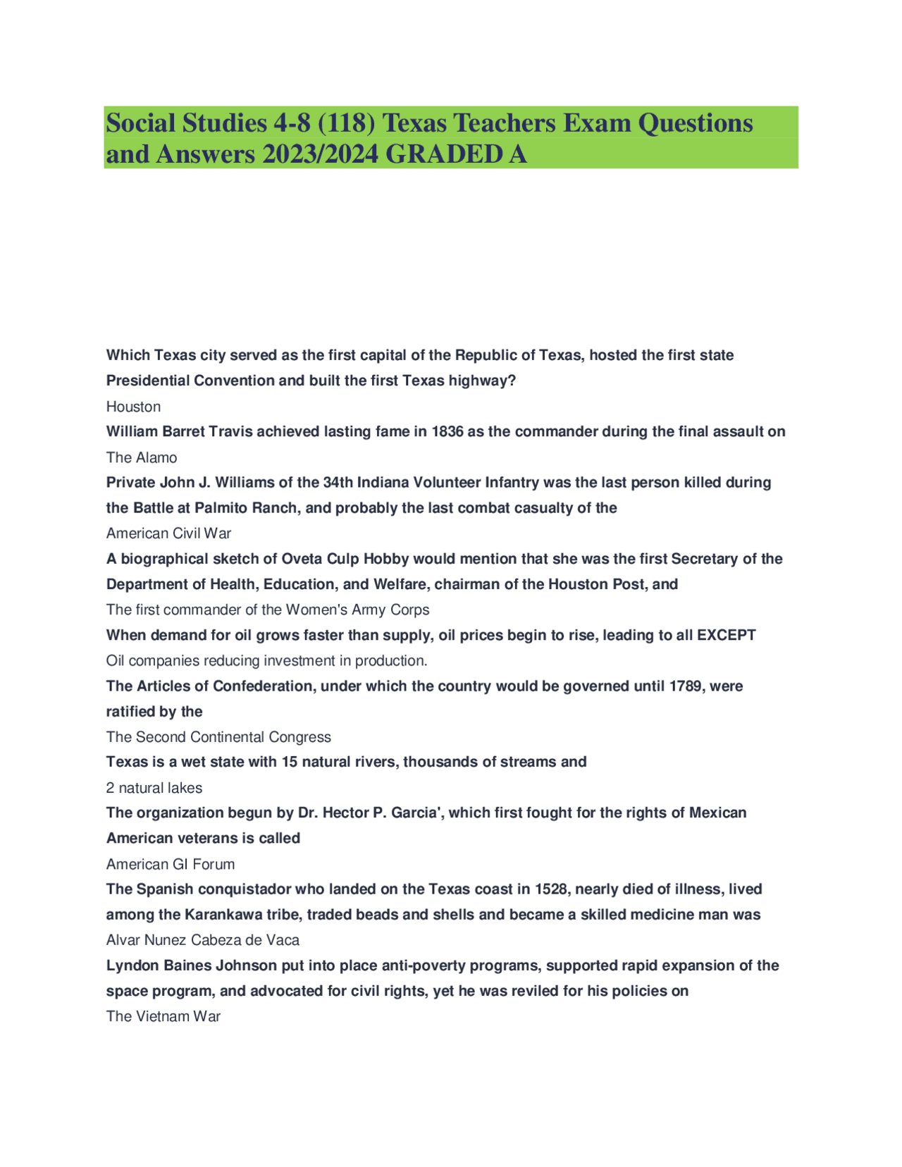 Social Studies 4-8 (118) Texas Teachers Exam Questions and Answers 2023 ...