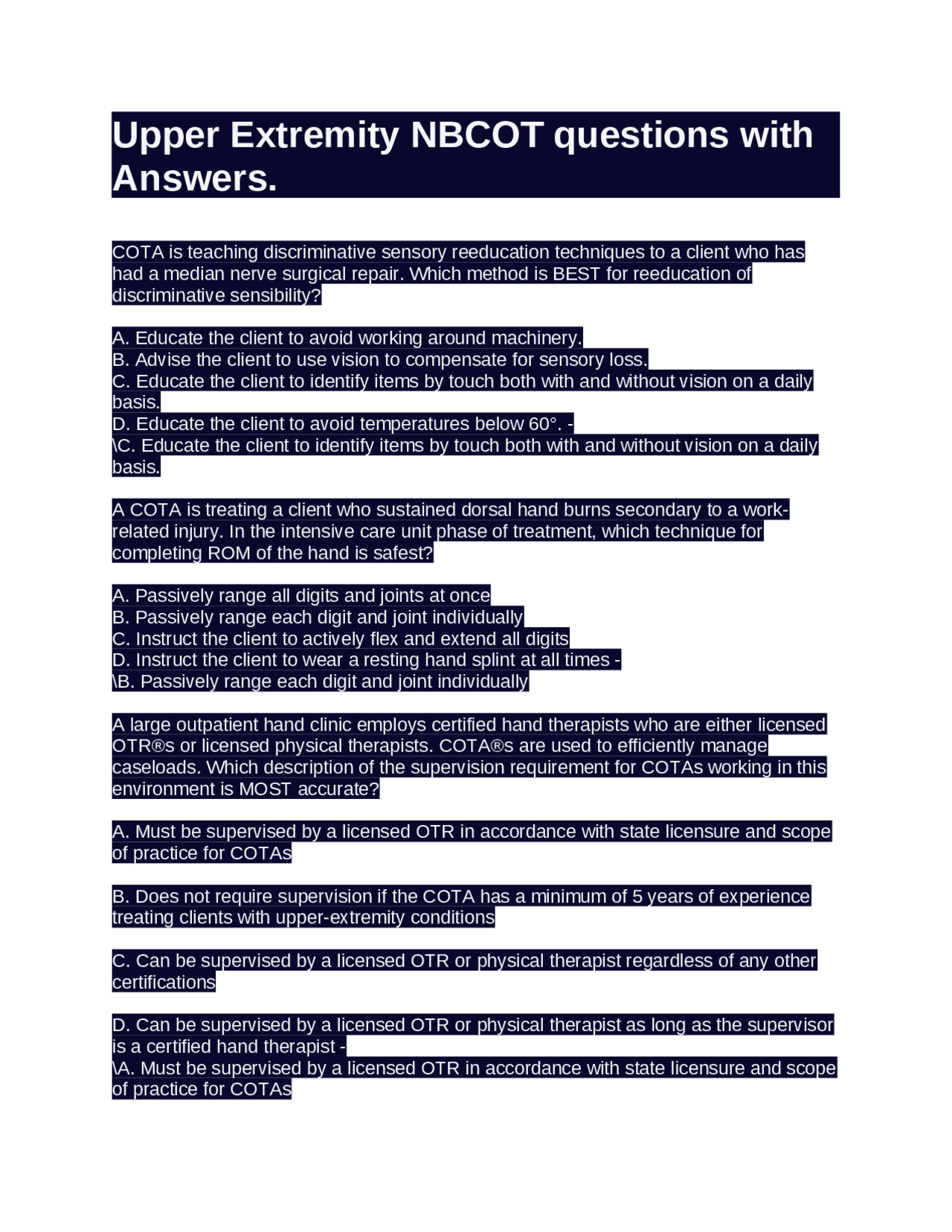 Upper Extremity NBCOT questions with Answers. | Exams Occupational ...