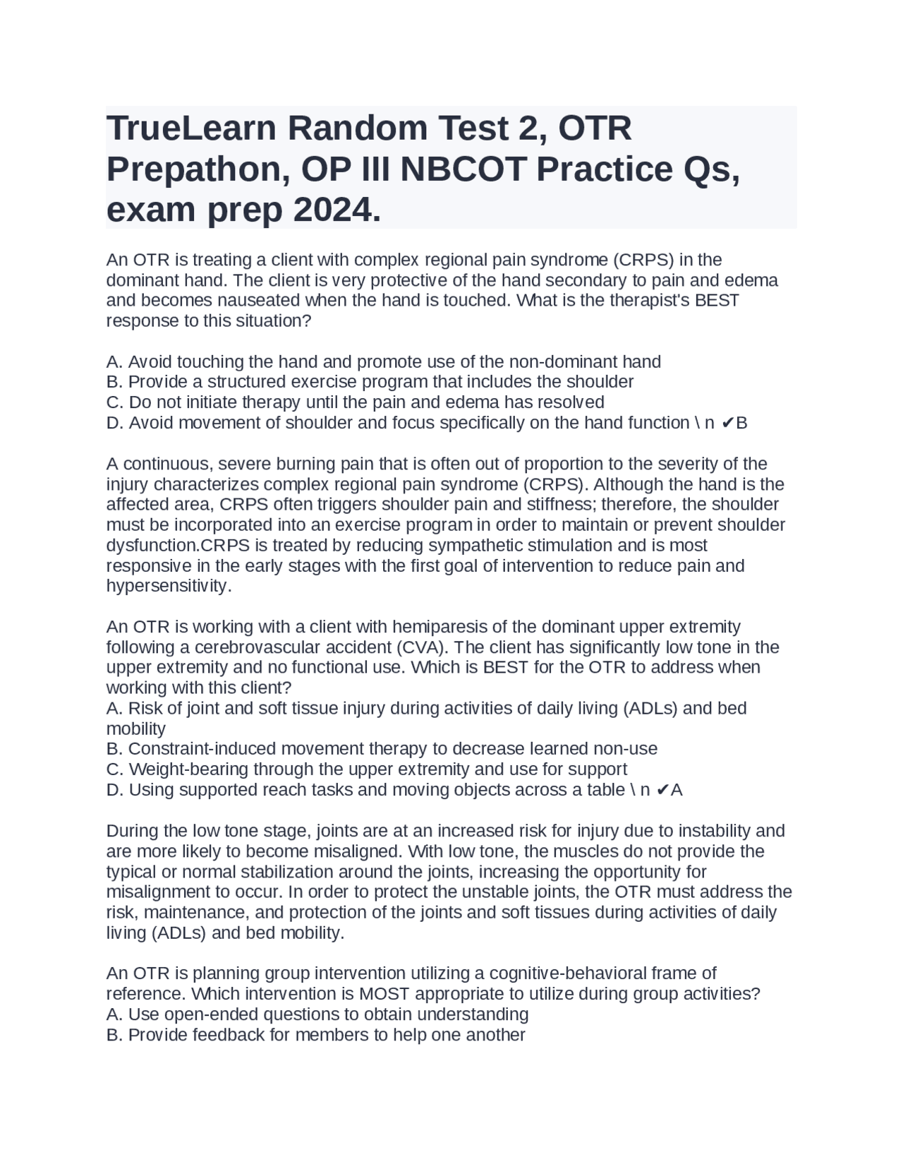 TrueLearn Random Test 2, OTR Prepathon, OP III NBCOT Practice Qs, exam ...