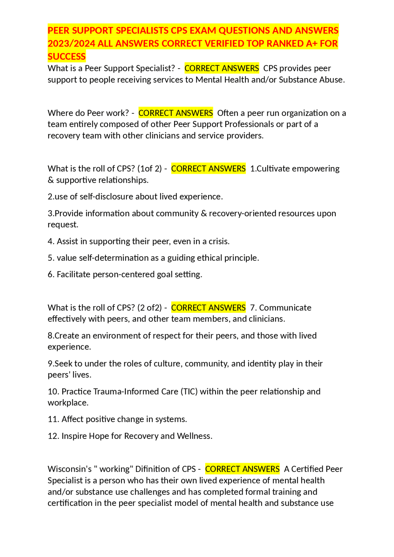 PEER SUPPORT SPECIALISTS CPS EXAM QUESTIONS AND ANSWERS 2023/2024 ALL ...