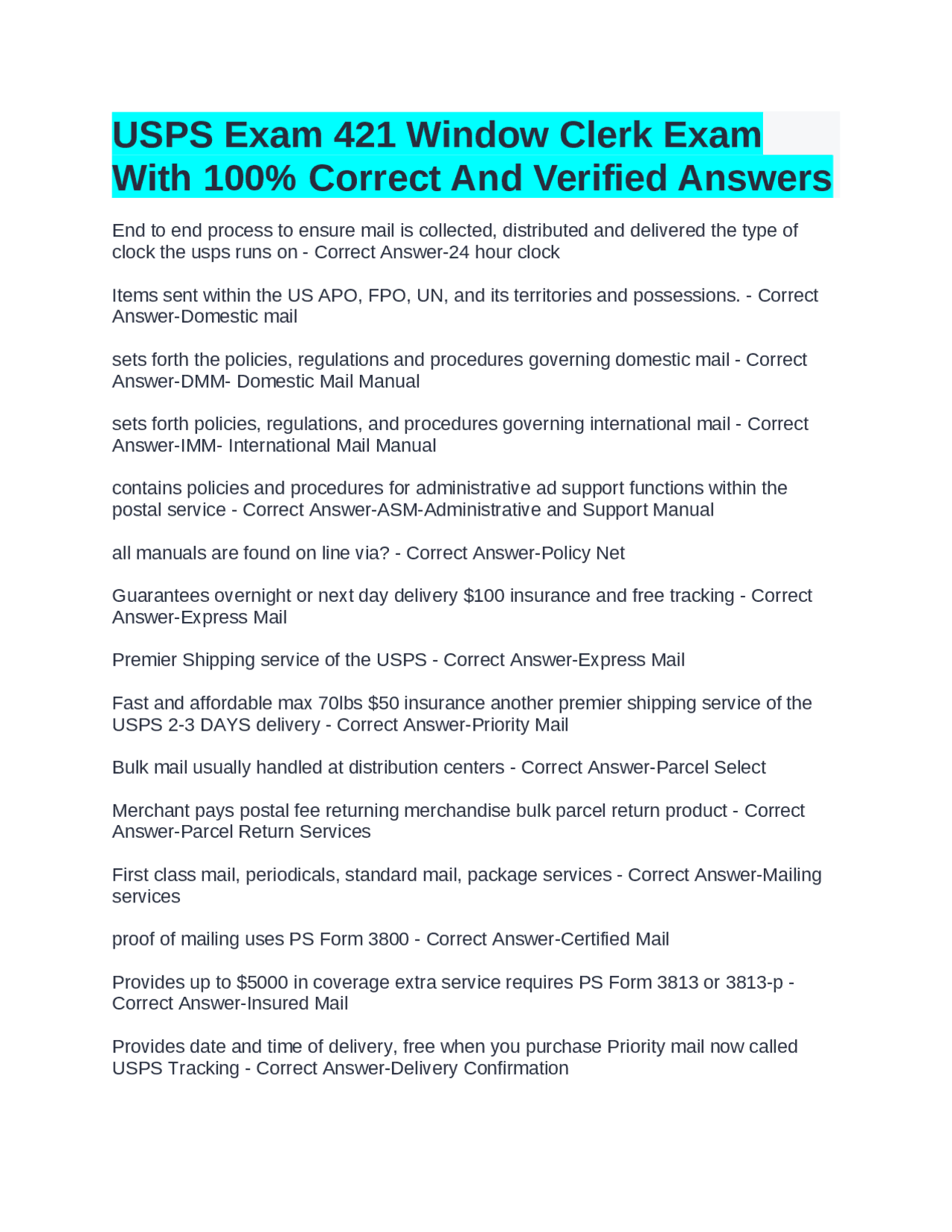 USPS Exam 421 Window Clerk Exam With 100% Correct And Verified Answers ...