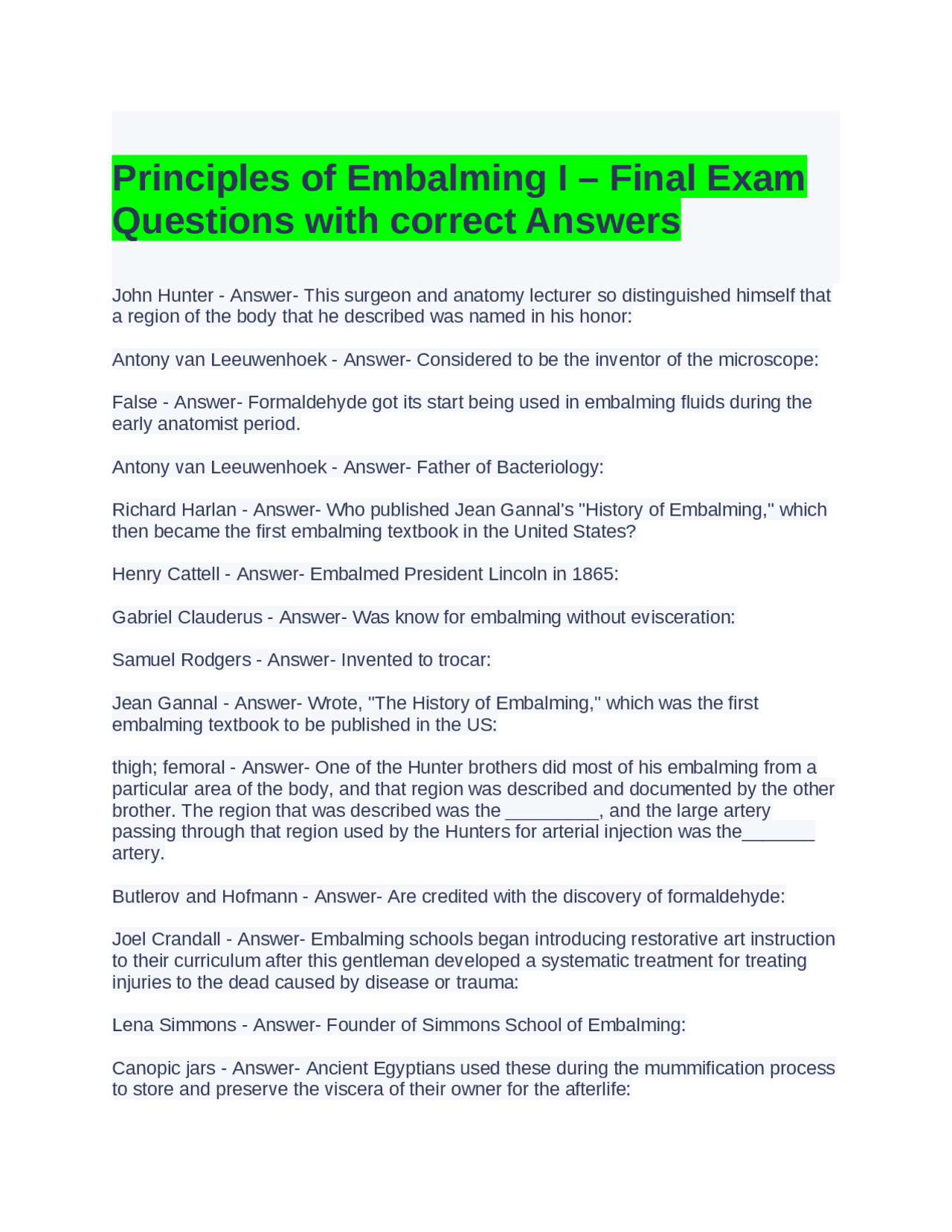 Principles of Embalming I – Final Exam Questions with correct Answers ...