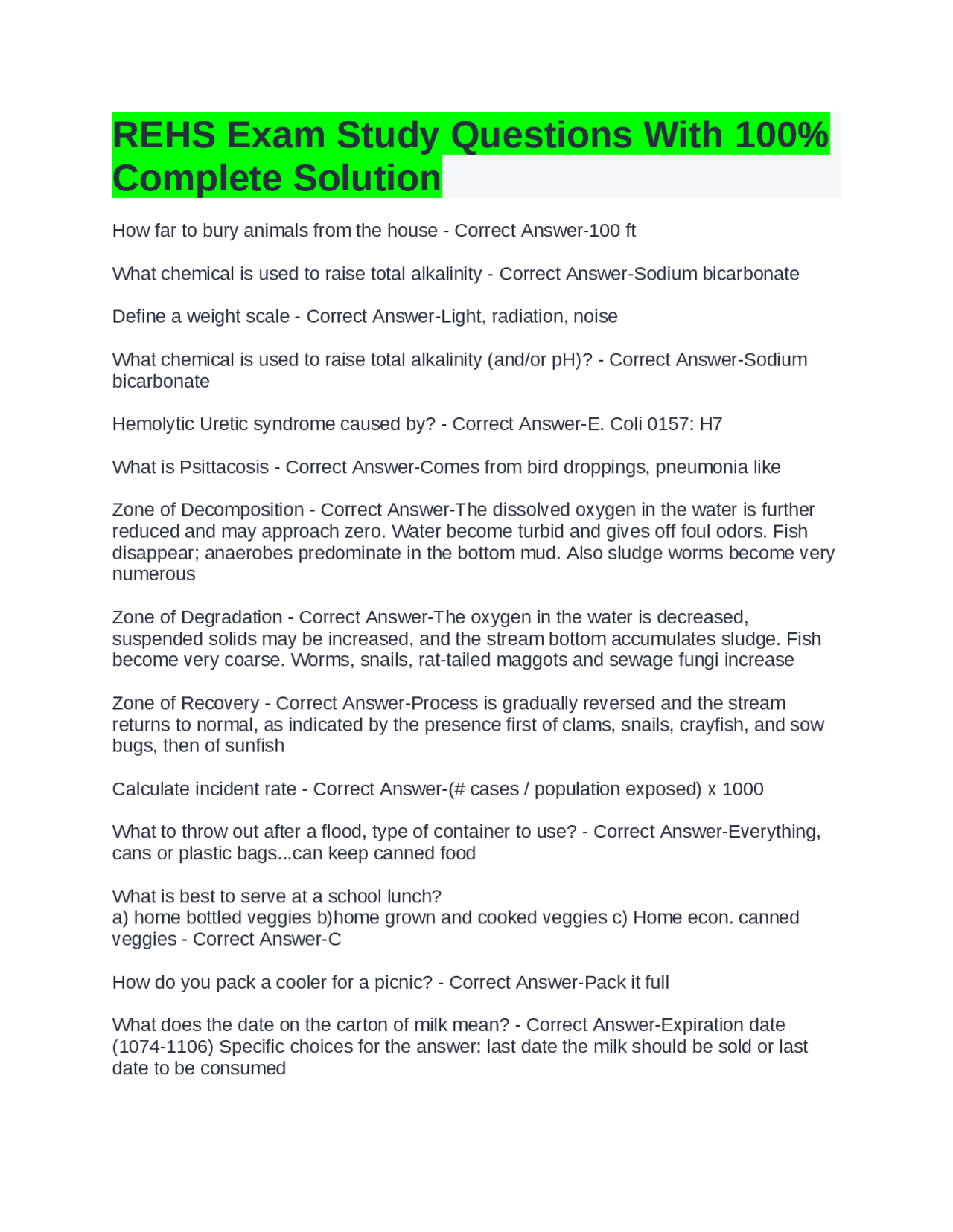 REHS Exam Study Questions With 100% Complete Solution | Exams Advanced ...