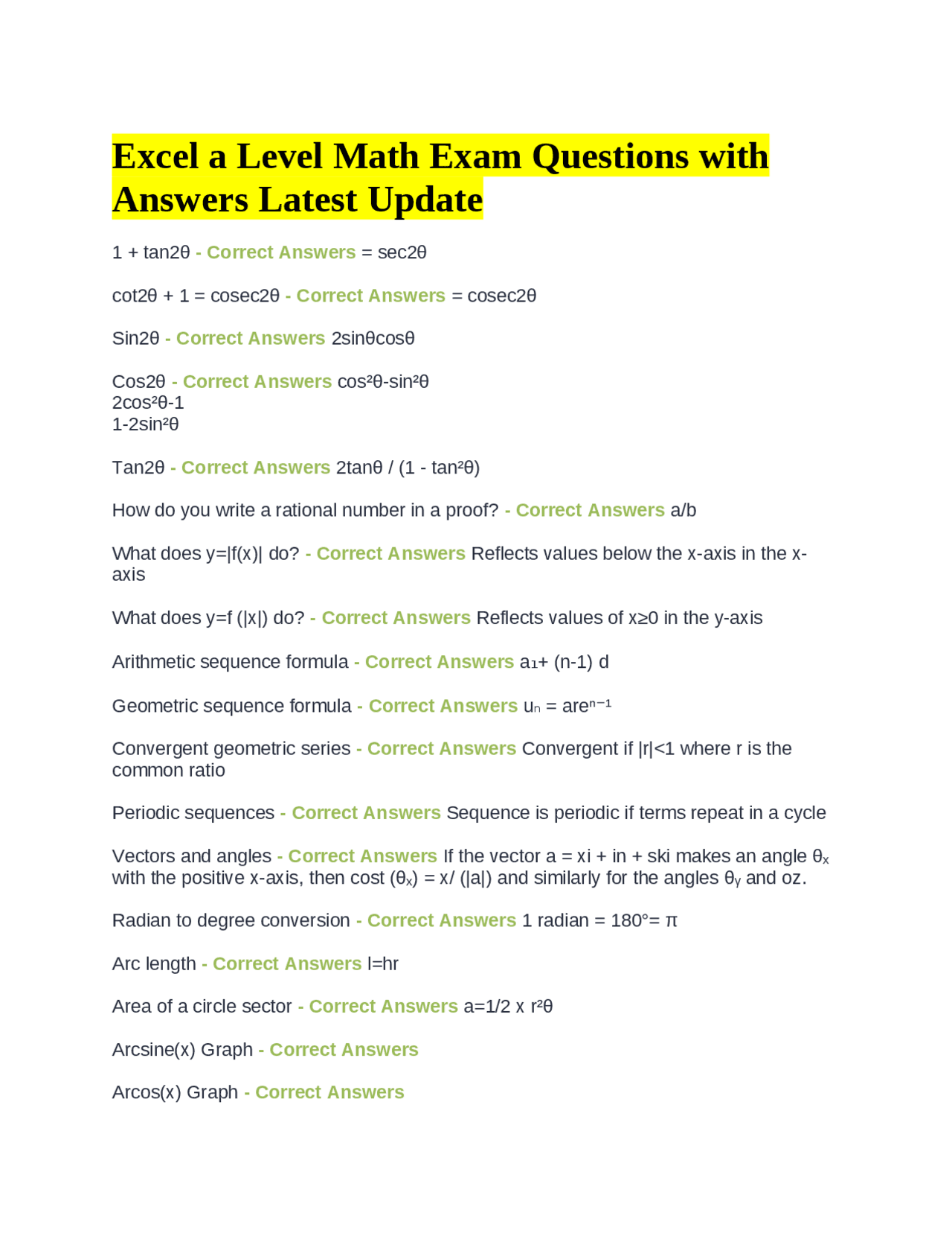Excel a Level Math Exam Questions with Answers Latest Update | Exams ...