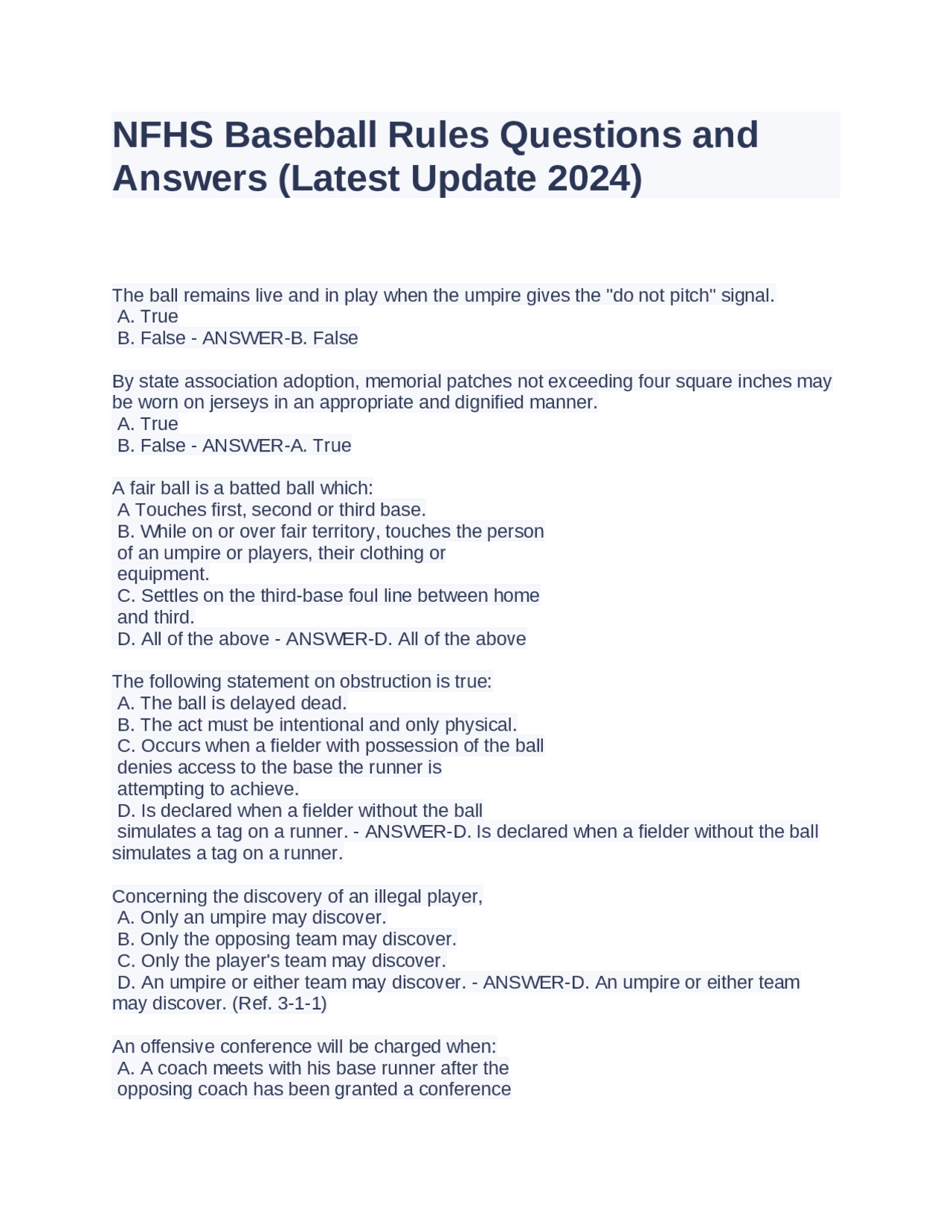 NFHS Baseball Rules Questions and Answers (Latest Update 2024) | Exams ...