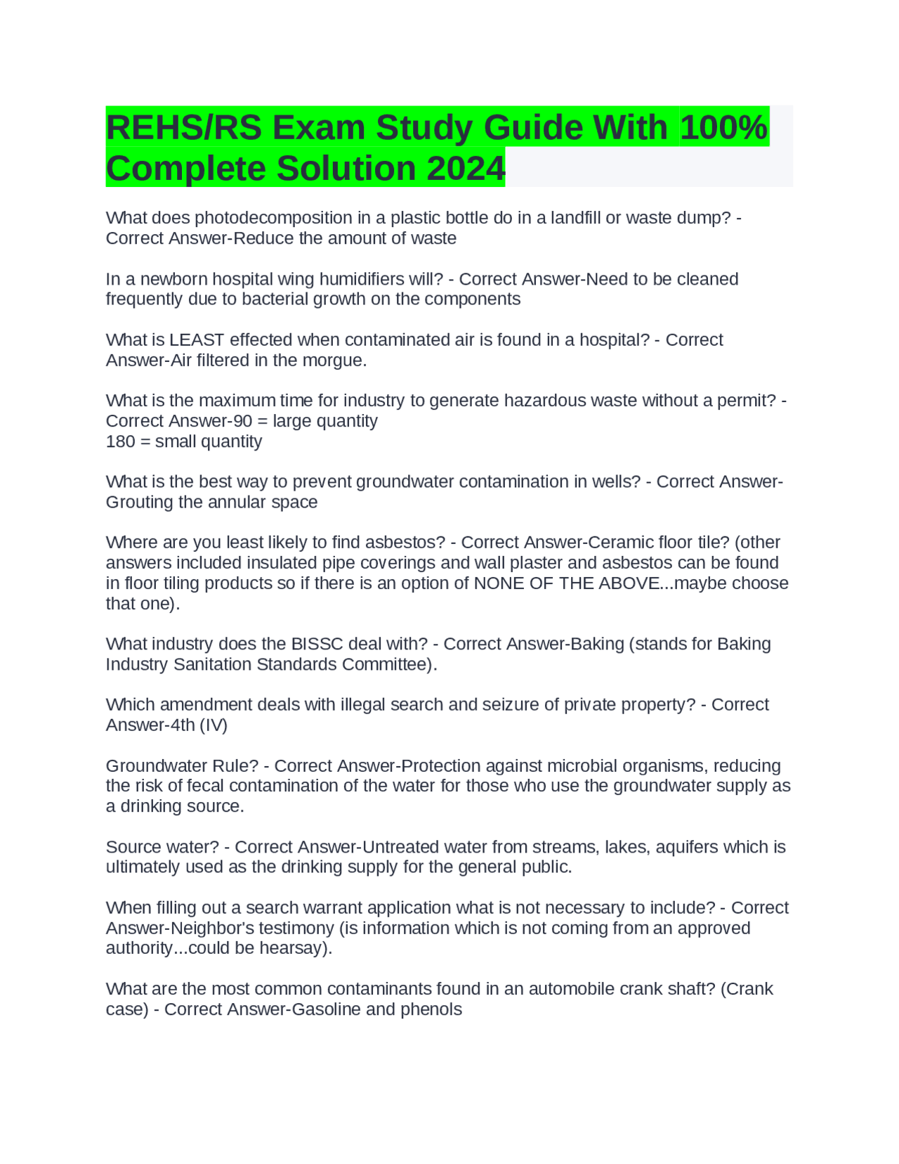 REHS/RS Exam Study Guide With 100% Complete Solution 2024 | Exams ...