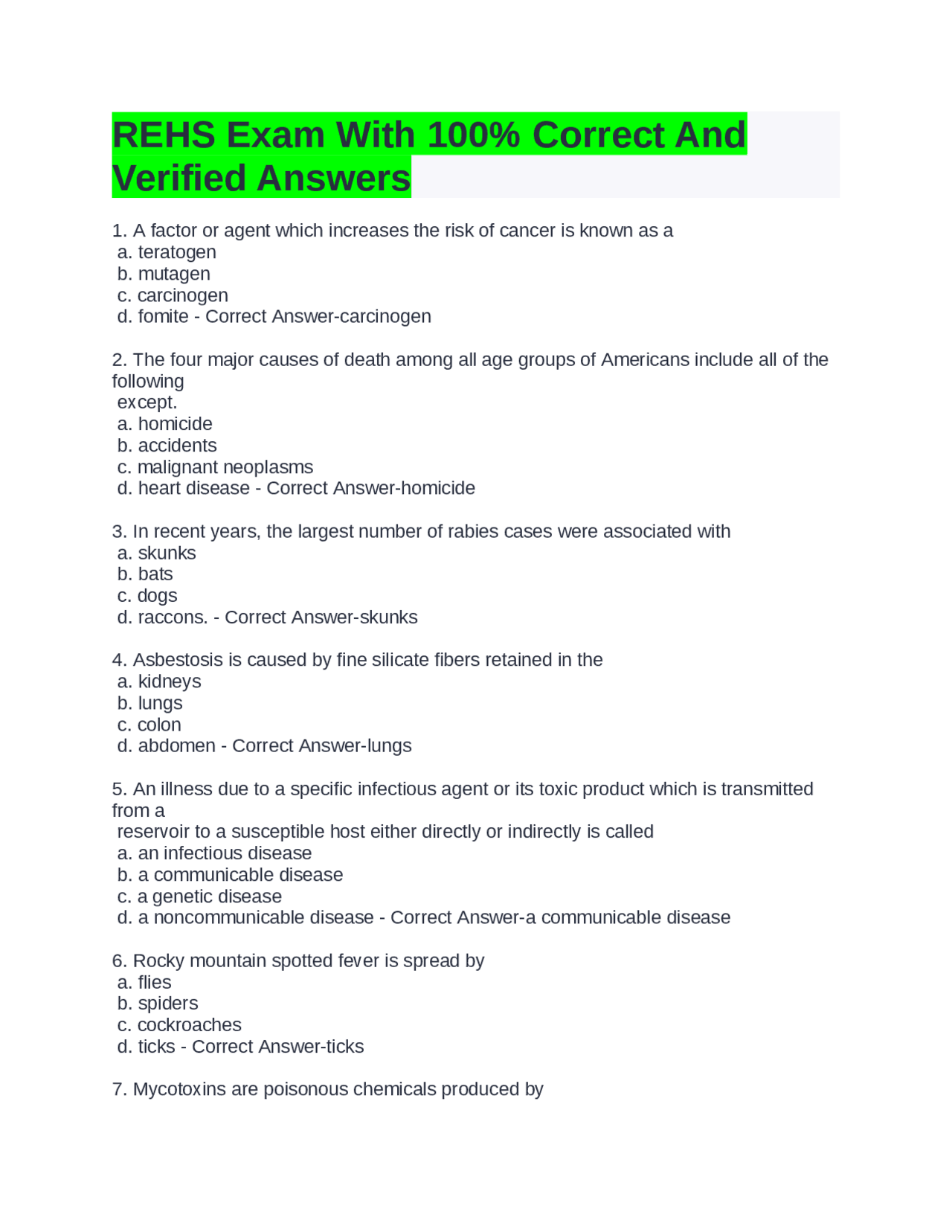 REHS Exam With 100% Correct And Verified Answers | Exams Advanced ...