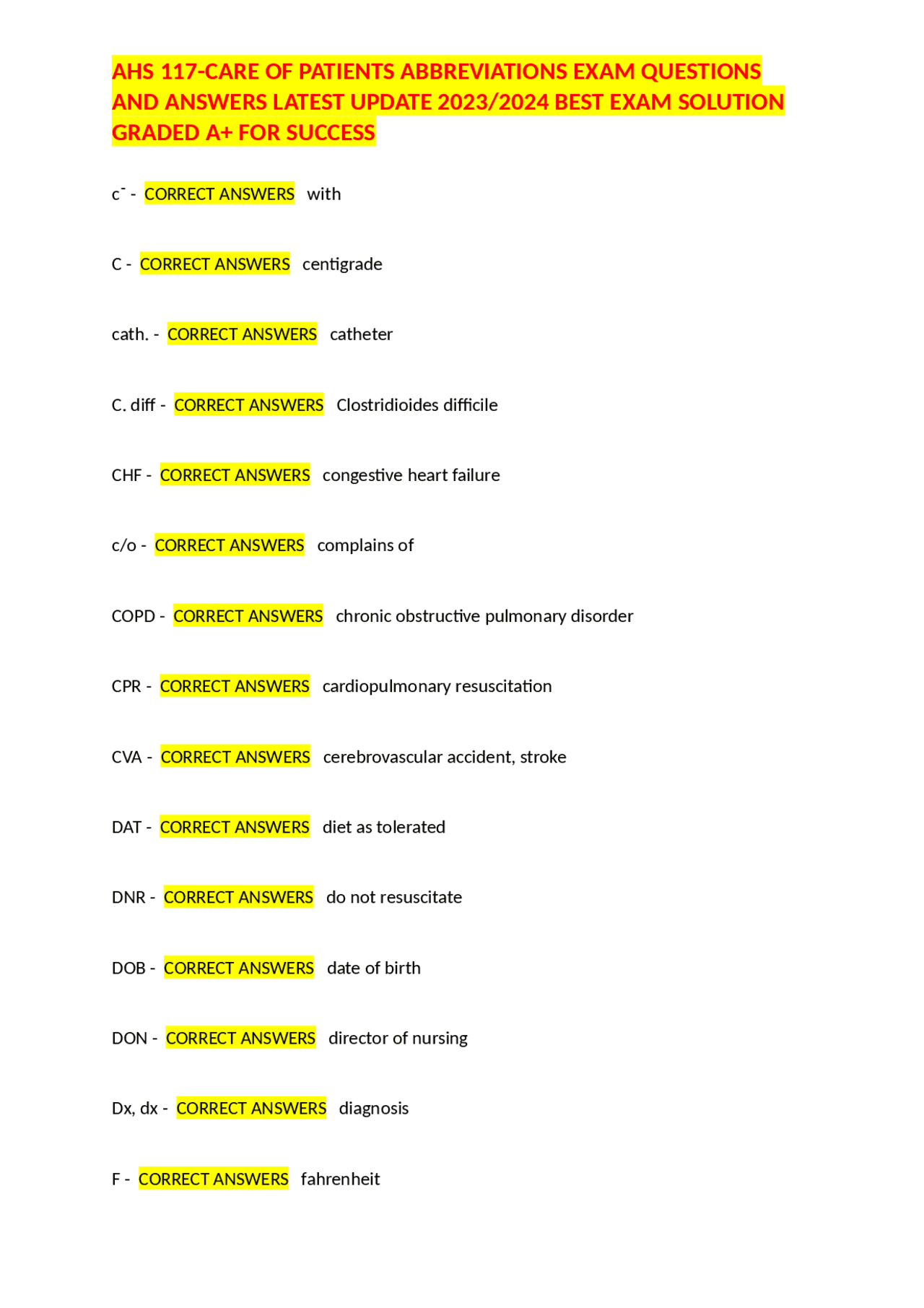 AHS 117-CARE OF PATIENTS ABBREVIATIONS EXAM QUESTIONS AND ANSWERS ...