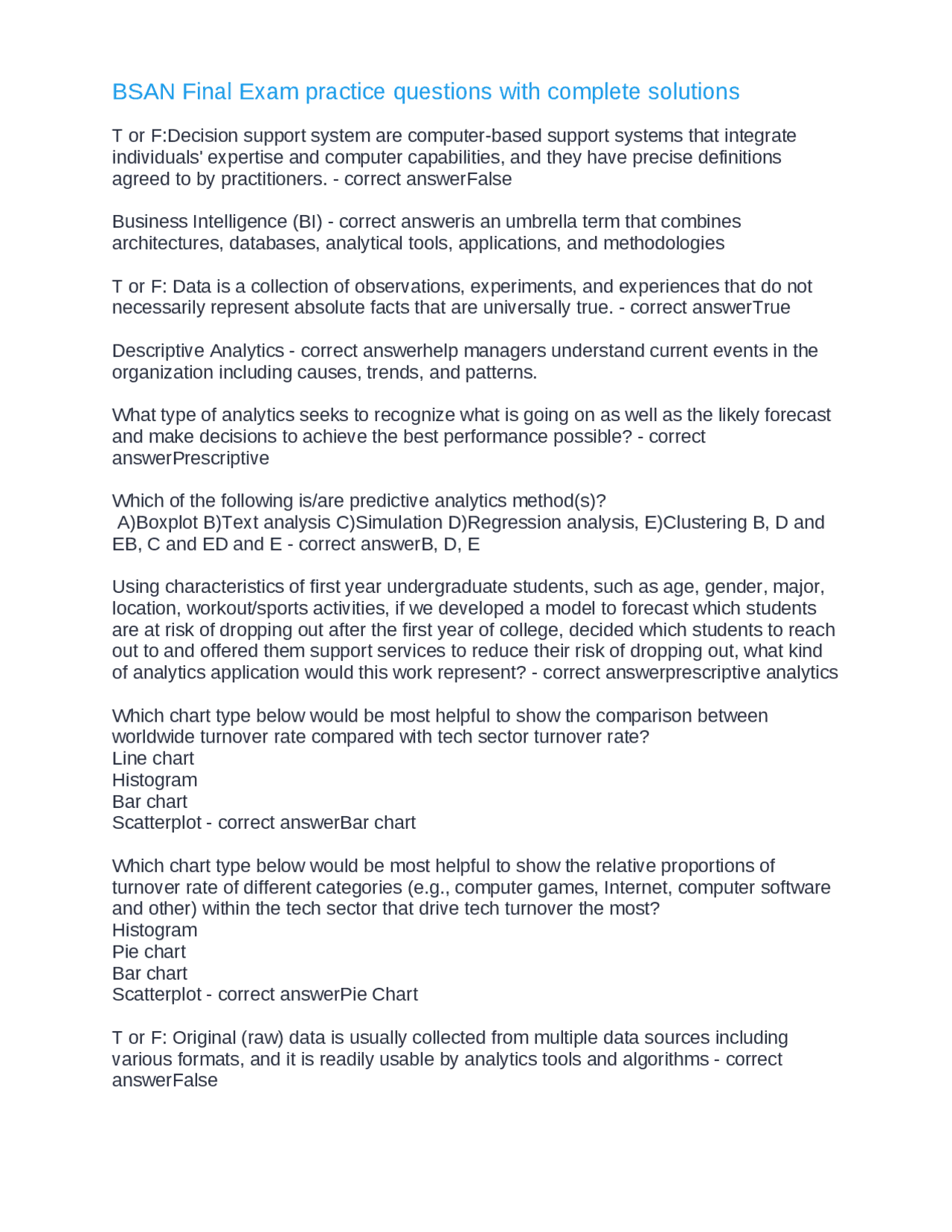 BSAN Final Exam practice questions with complete solutions | Exams Company Secretarial Practice ...