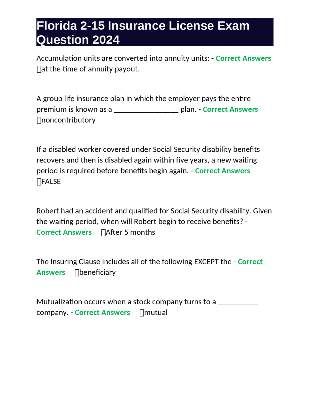 Florida 2-15 Insurance License Exam Question 2024 | Exams Nursing | Docsity