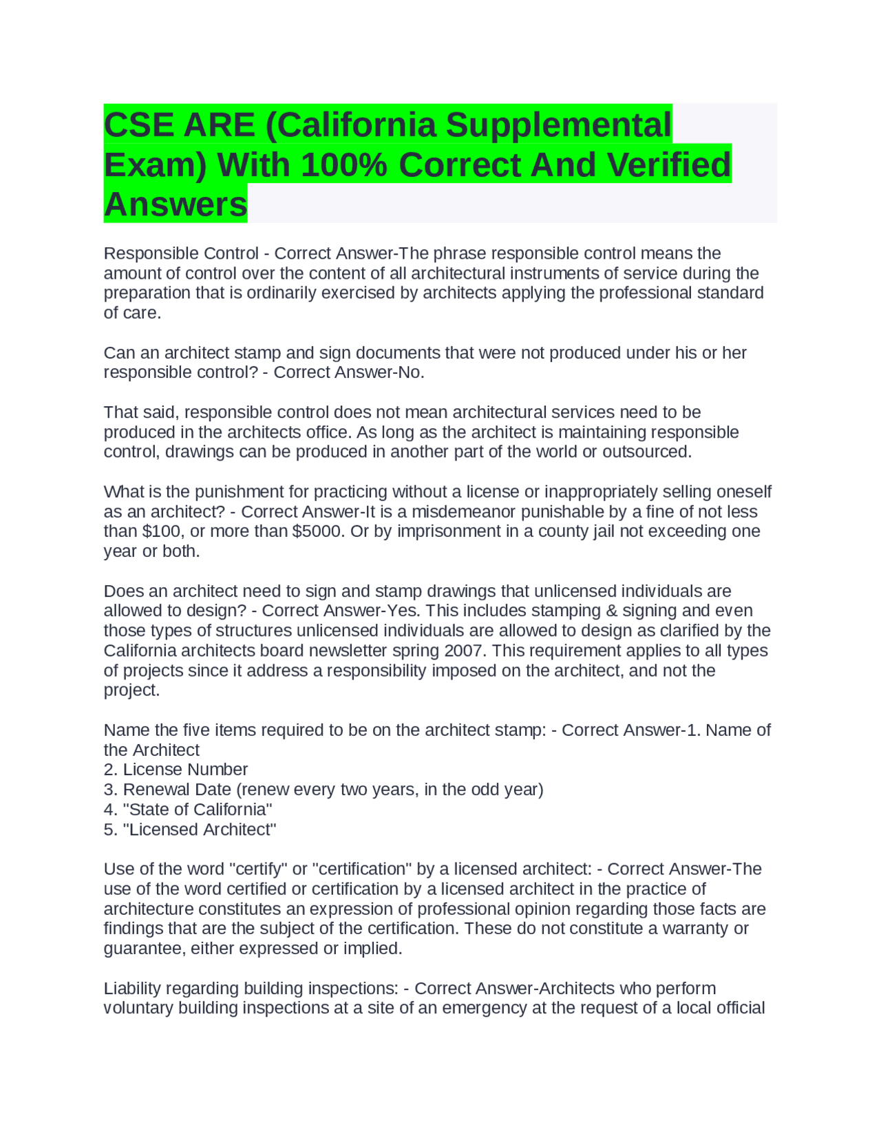 CSE ARE (California Supplemental Exam) With 100% Correct And Verified Answers | Exams Advanced ...