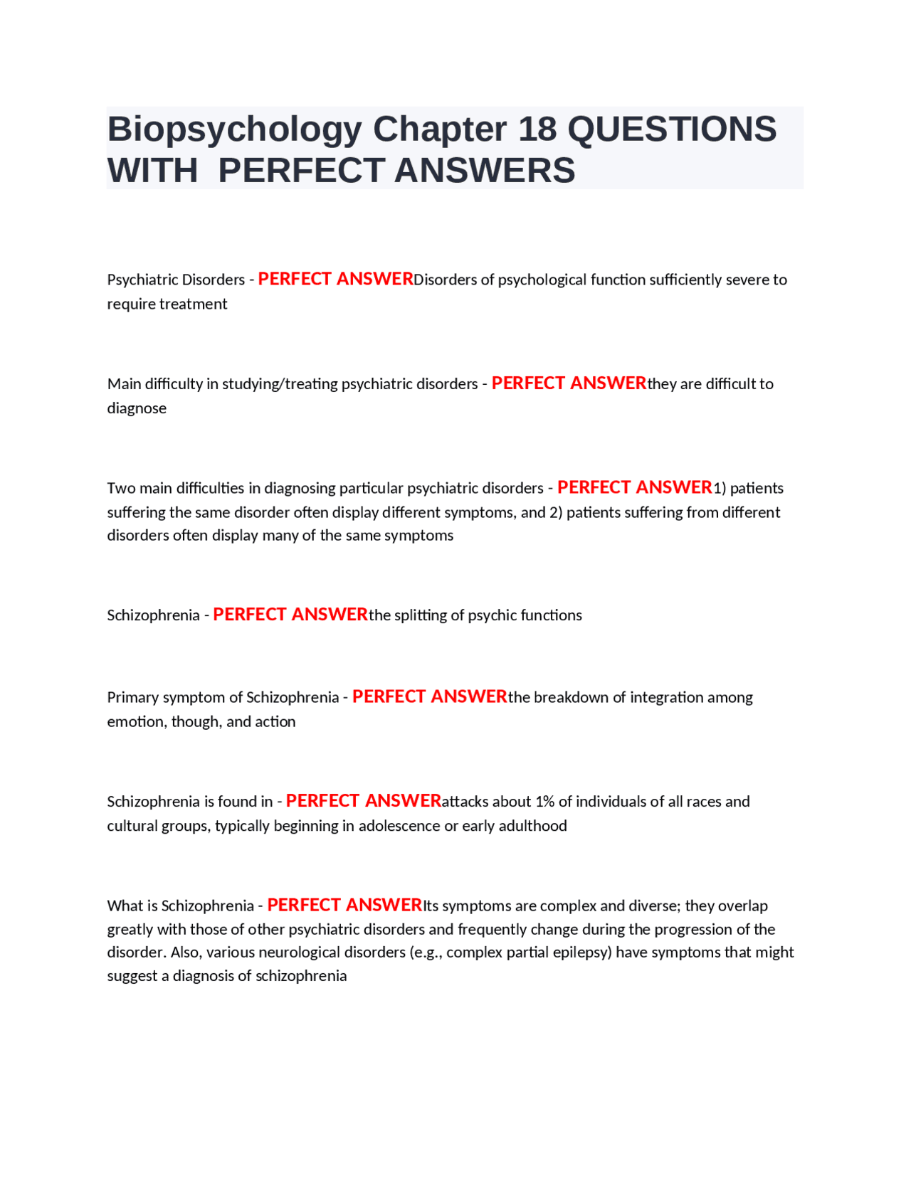 Biopsychology Chapter 18 QUESTIONS WITH PERFECT ANSWERS | Exams Nursing | Docsity