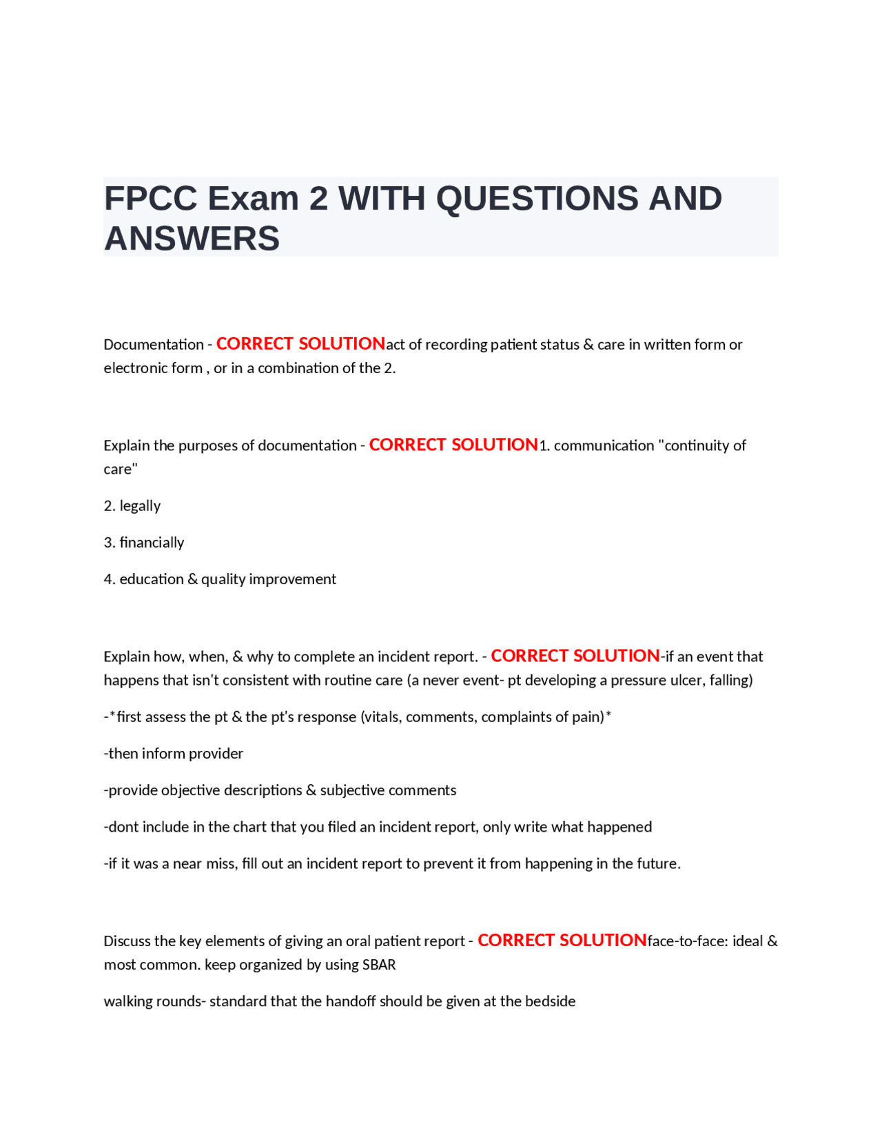 FPCC Exam 2 WITH QUESTIONS AND ANSWERS.docx | Exams Nursing | Docsity