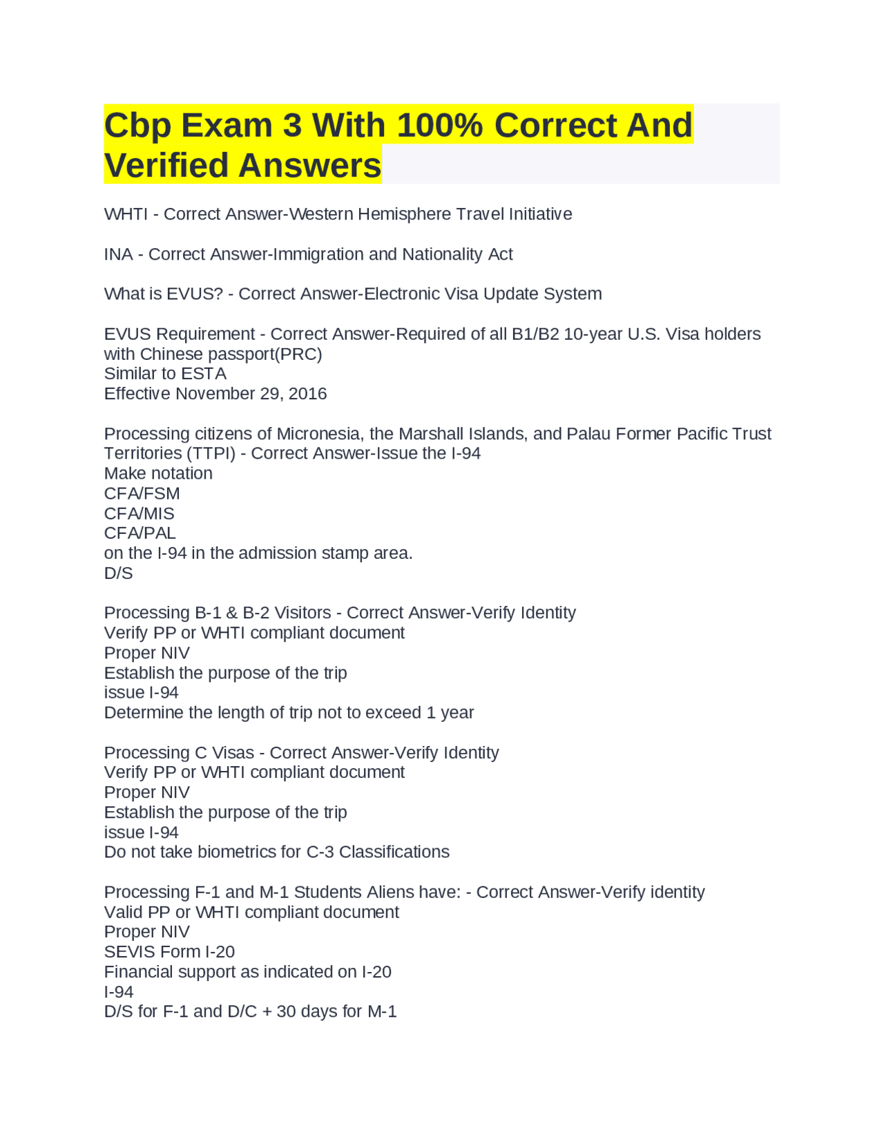 Cbp Exam 3 With 100% Correct And Verified Answers | Exams Advanced ...