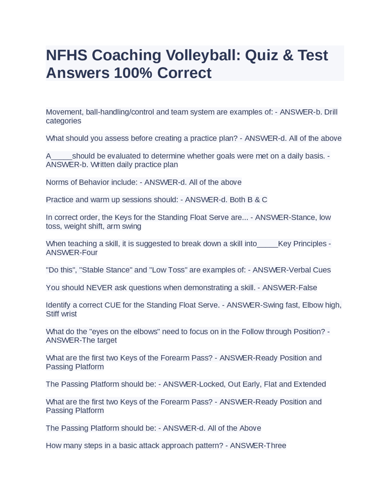 NFHS Coaching Volleyball: Quiz & Test Answers 100% Correct | Exams ...