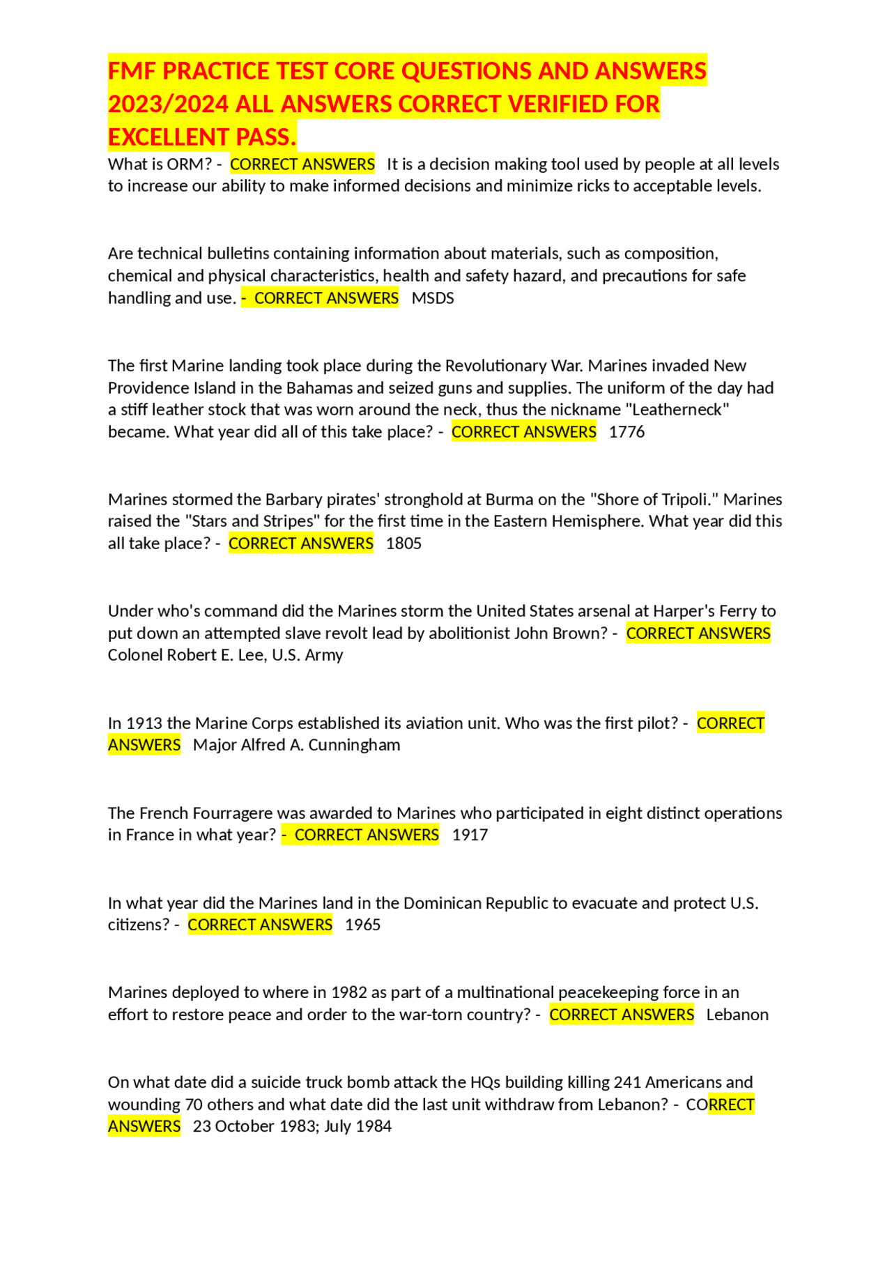 FMF PRACTICE TEST CORE QUESTIONS AND ANSWERS 2023/2024 ALL ANSWERS ...