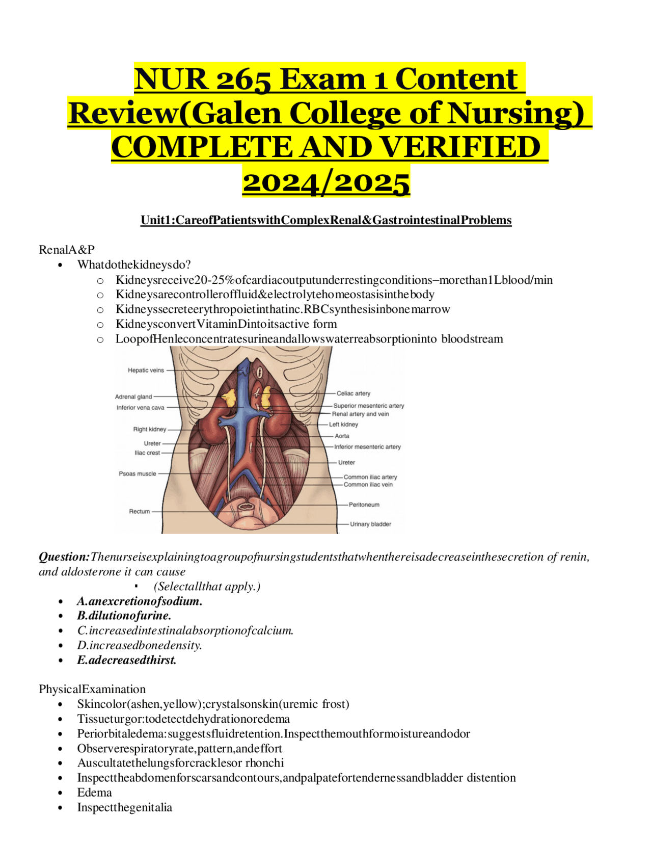 NUR 265 Exam 1 Content Review(Galen College of Nursing) COMPLETE AND ...